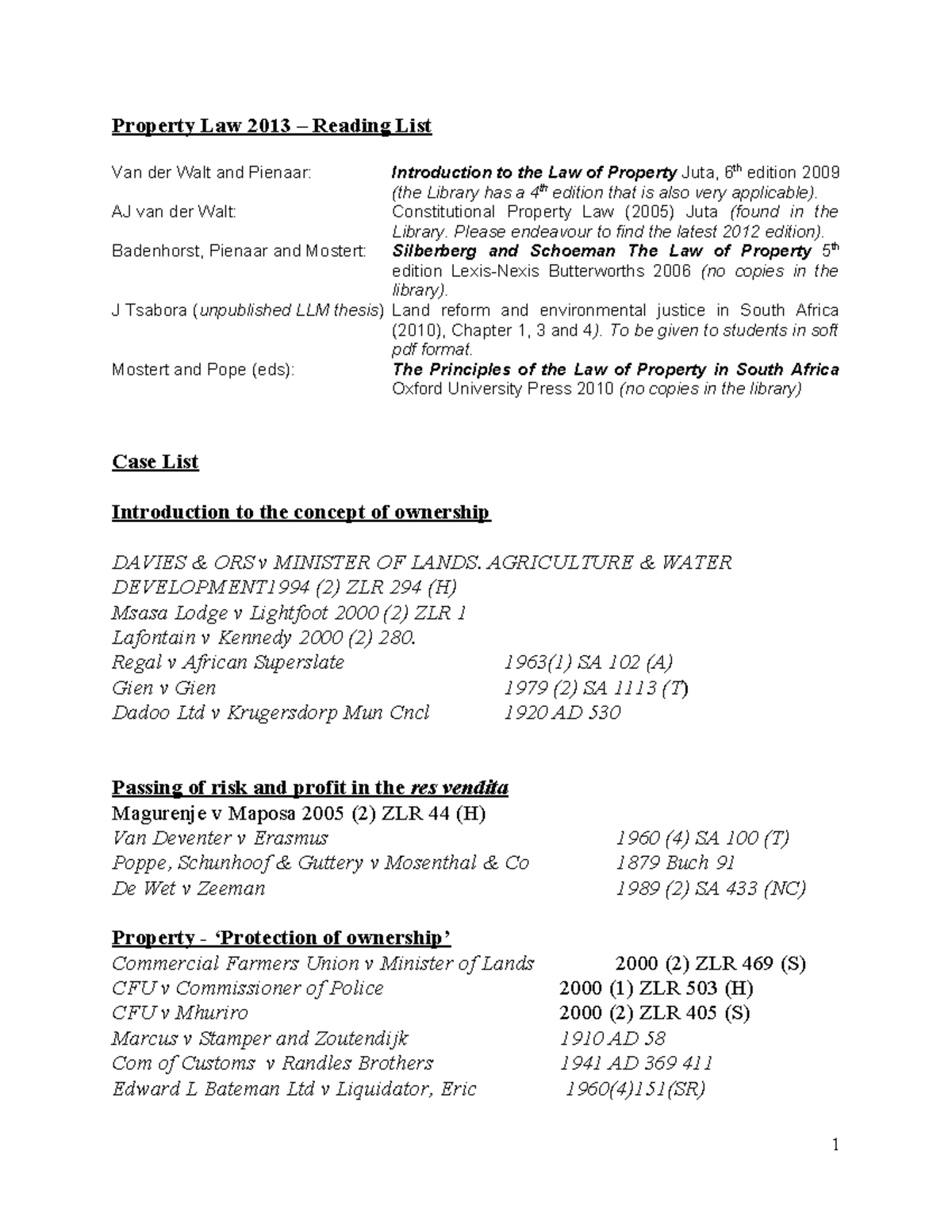 Property Law Cases and Reading List Summary 2013 - Studocu
