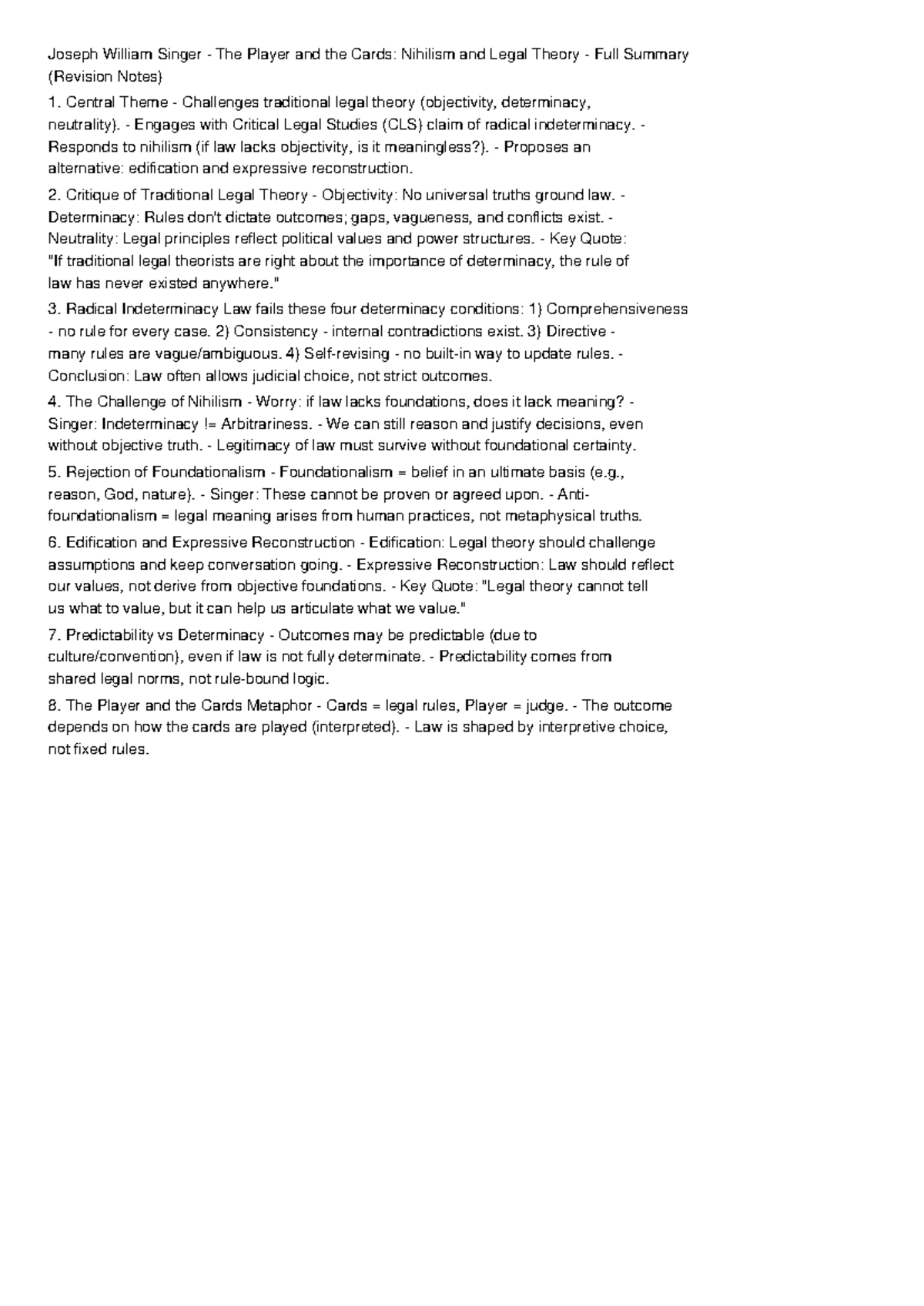 Singer (LAW 101) The Player and the Cards: Nihilism & Legal Theory ...