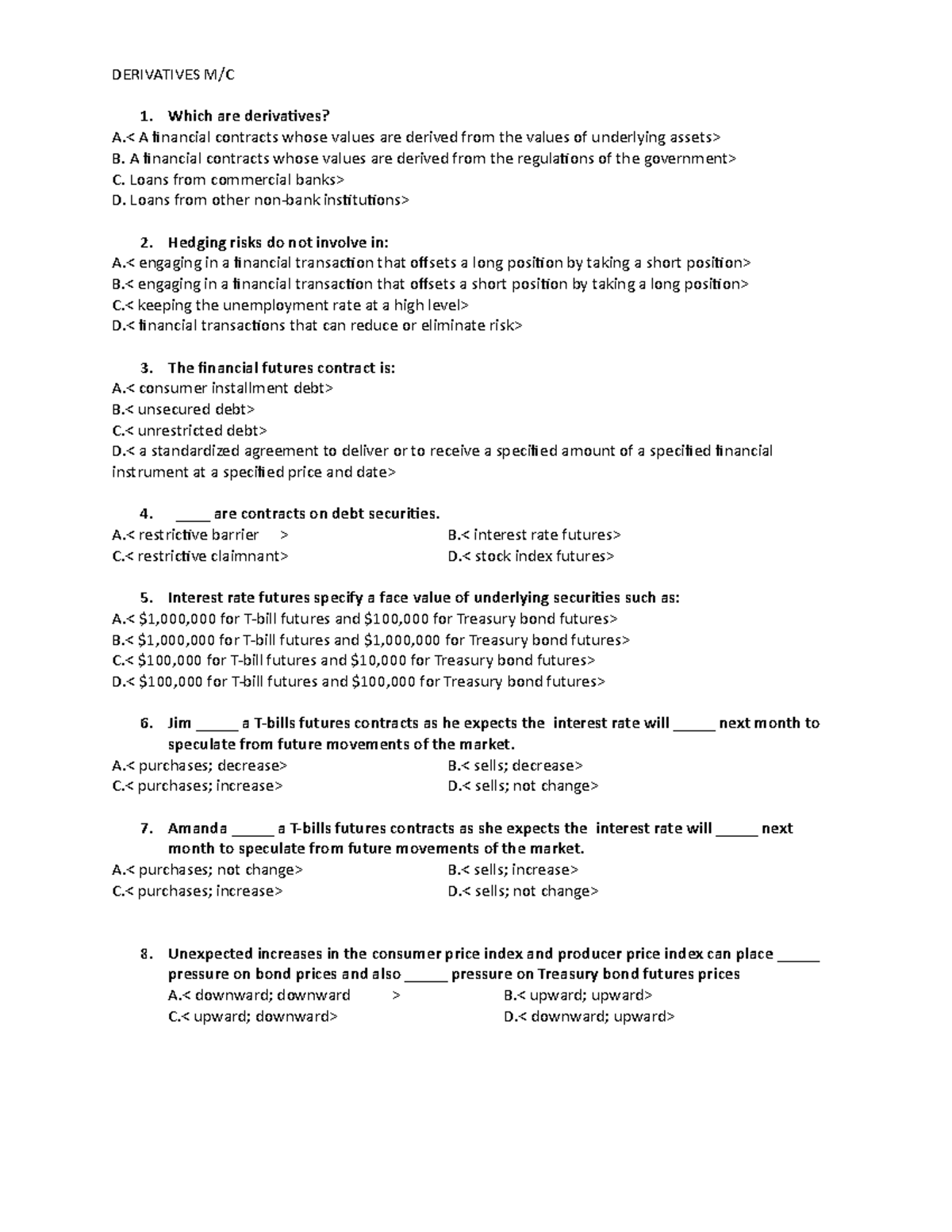 Derivatives Problem 18 multiple choice questions - DERIVATIVES M/C 1 ...