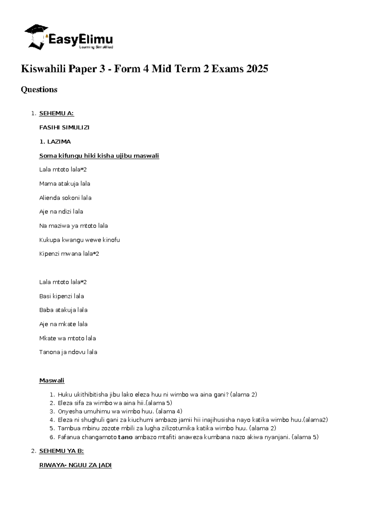 Kiswahili Paper 3 Form 4 Mid Term 2 Exam Questions 2025 - Studocu
