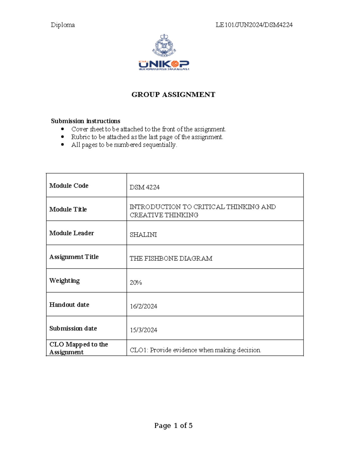 Group Assignment - GROUP ASSIGNMENT Submission instructions Cover sheet to be attached to the ...