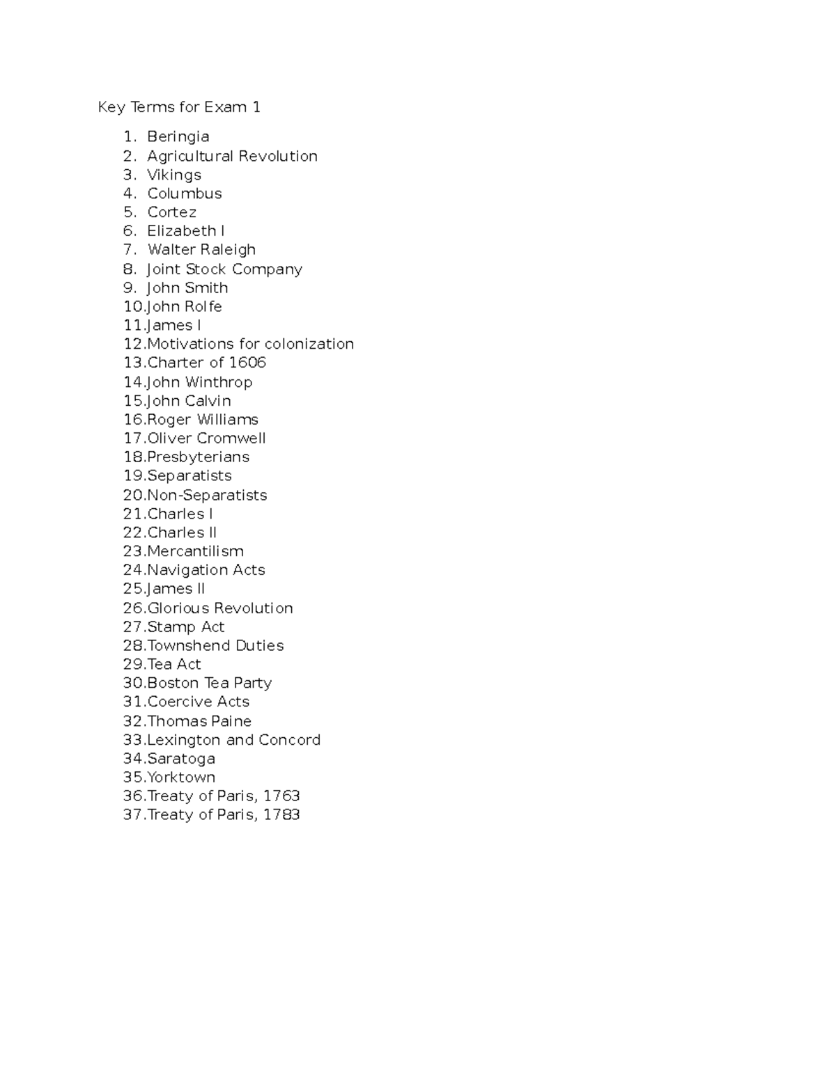 Key Terms for Exam 1: Colonial America and Important Events - Key Terms ...