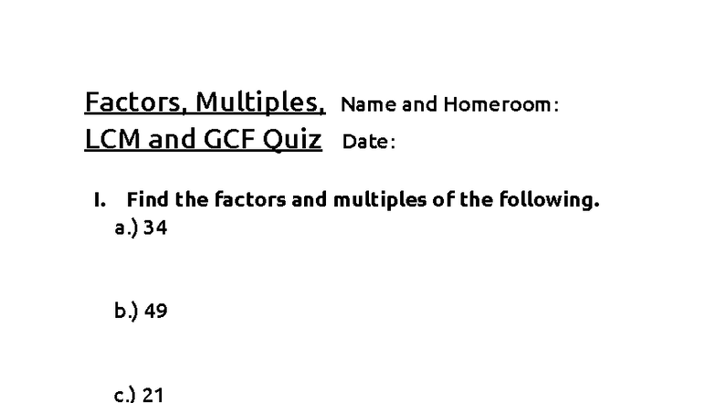 Factors, Multiples, LCM and GCF Quiz - MATH 204 - Factors, Multiples ...