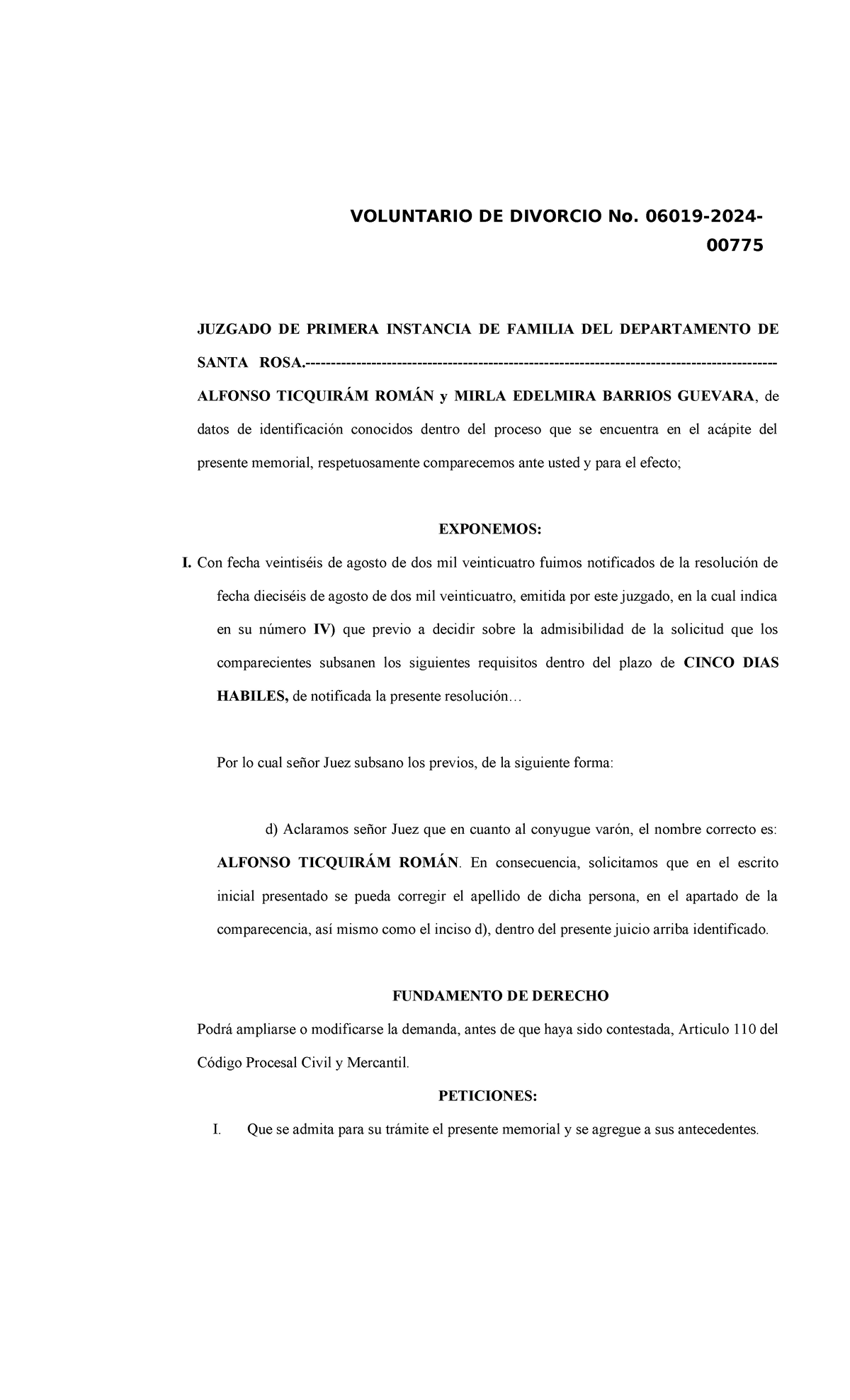 Memorial de Contestación de Previos para Divorcio No. 06019-2024-00775 ...