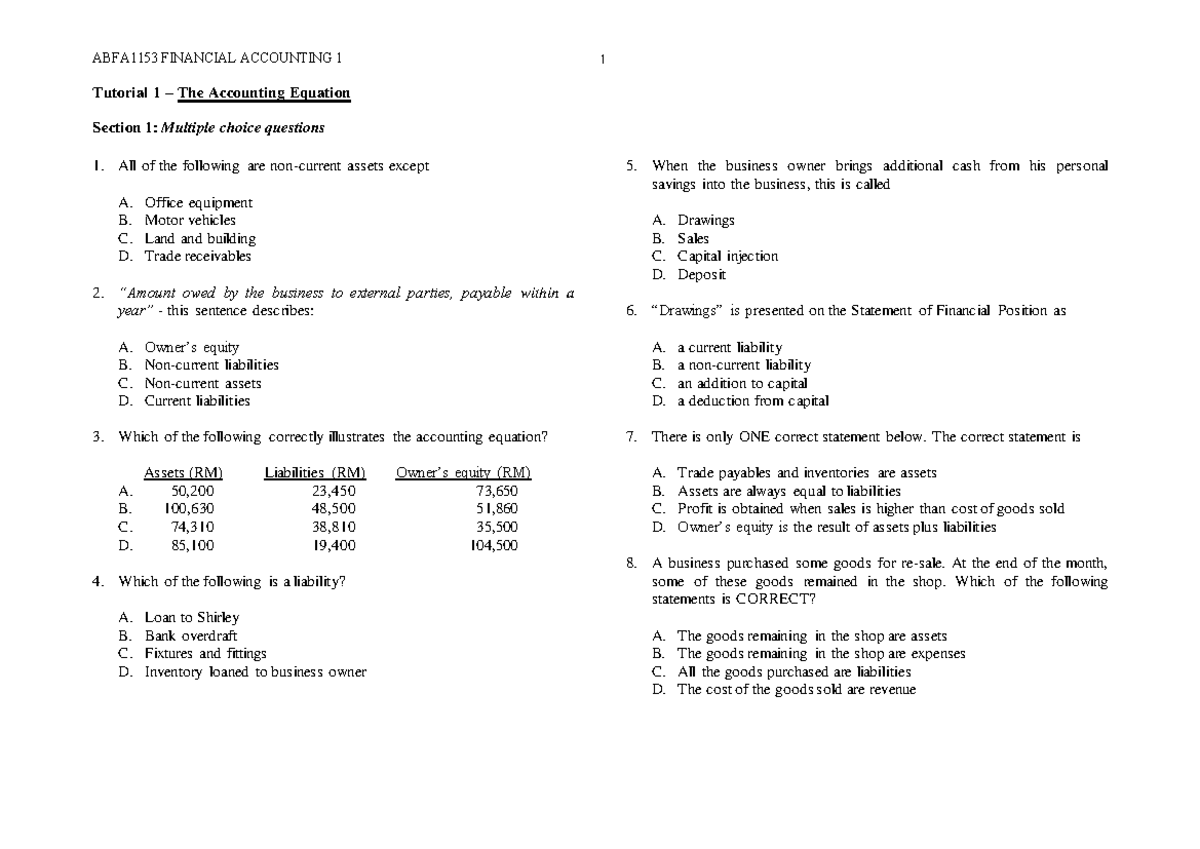 Accounting Tutorial Questions - Financial Equation & Double Entry ...