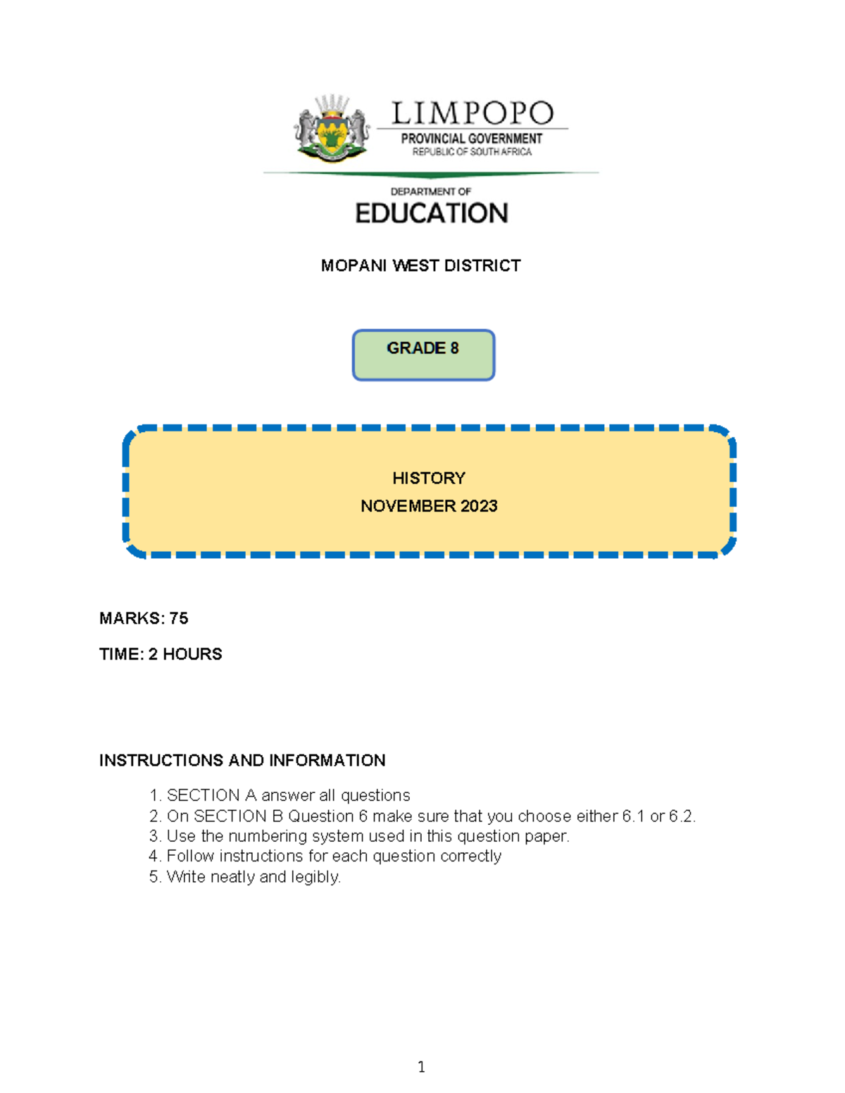 Grade 8 History Final Exam - November 2023 (Marks: 75) - Studocu