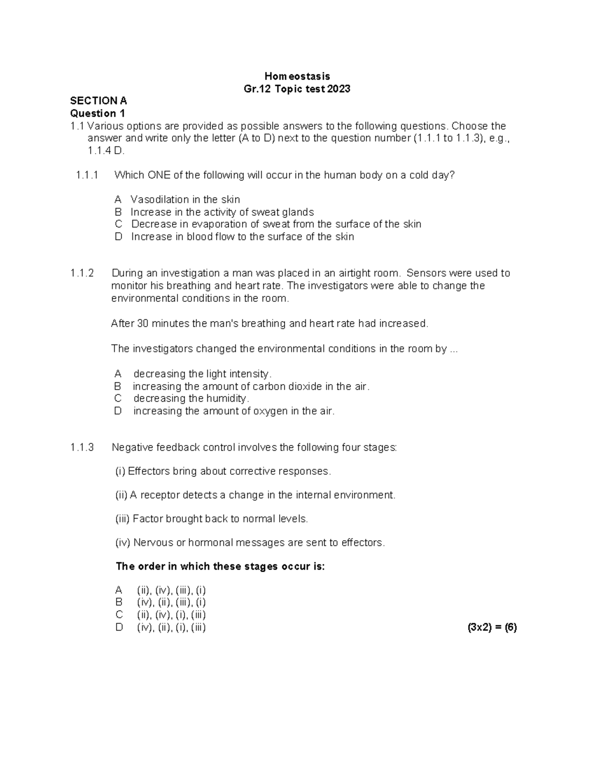 Homeostasis Topic Test GR 2023: Key Concepts and Questions - Studocu