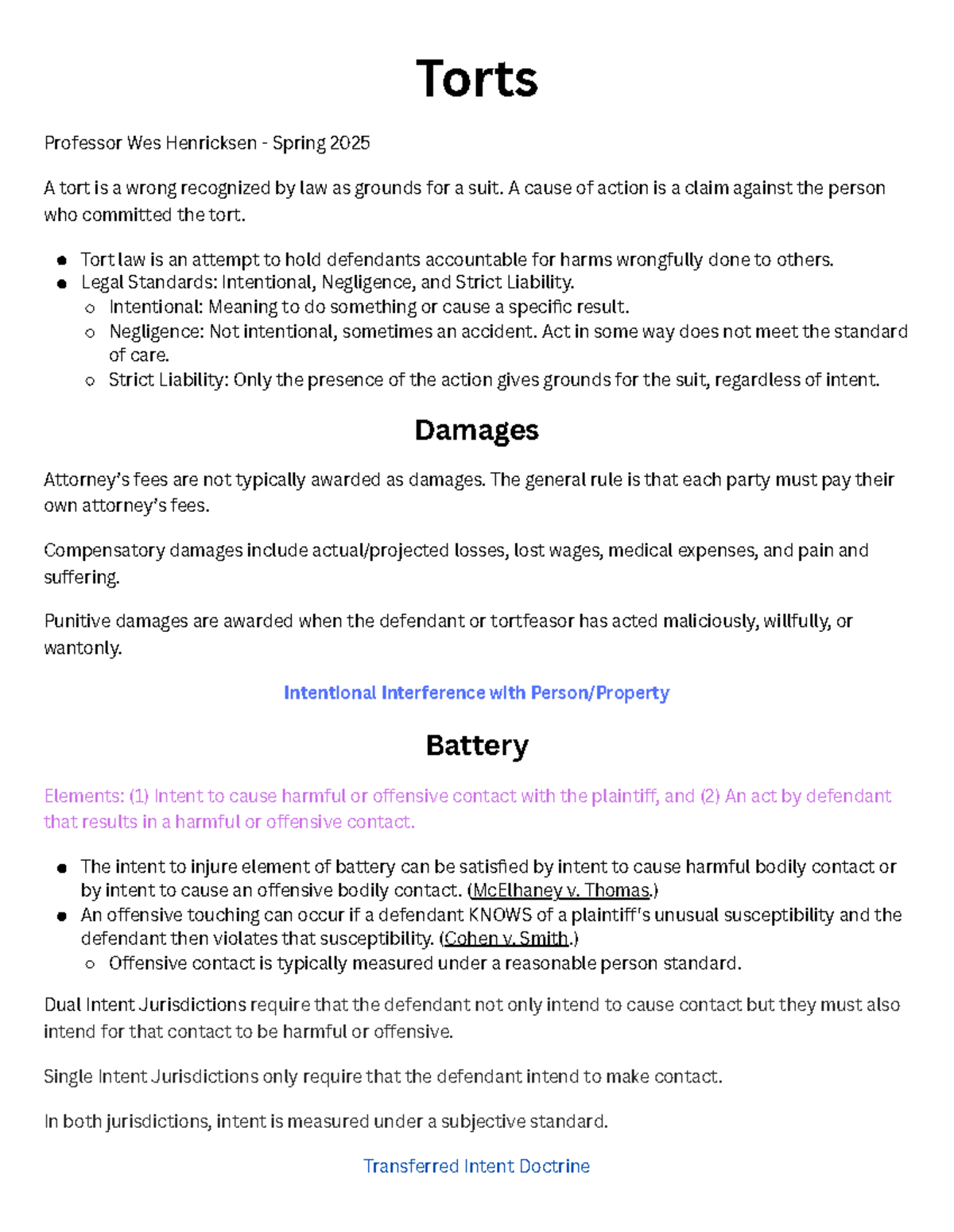 Torts Outline (LAW 101) - Key Concepts and Legal Standards Explained ...