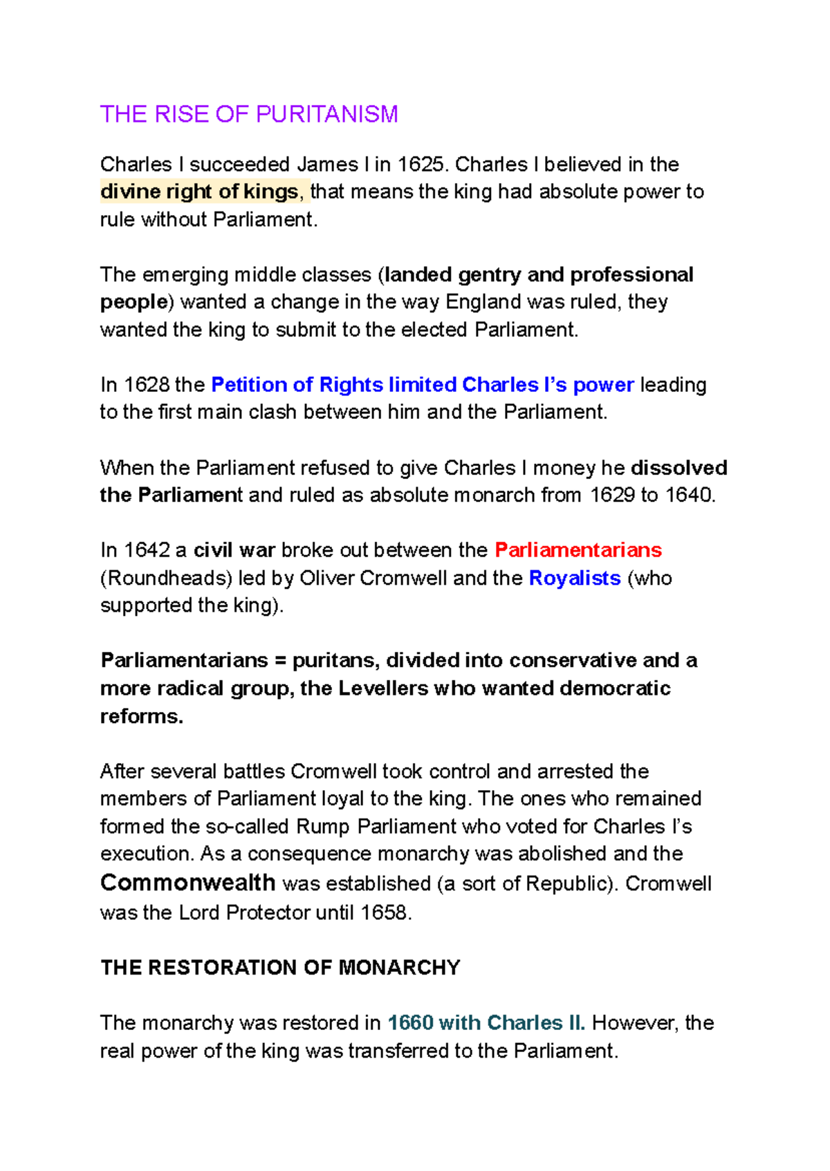 From the Puritan to the Augustan age - THE RISE OF PURITANISM Charles I ...