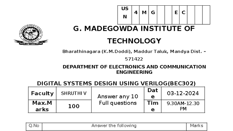 Digital Systems Design Using Verilog (BEC302) Practice Questions - Studocu