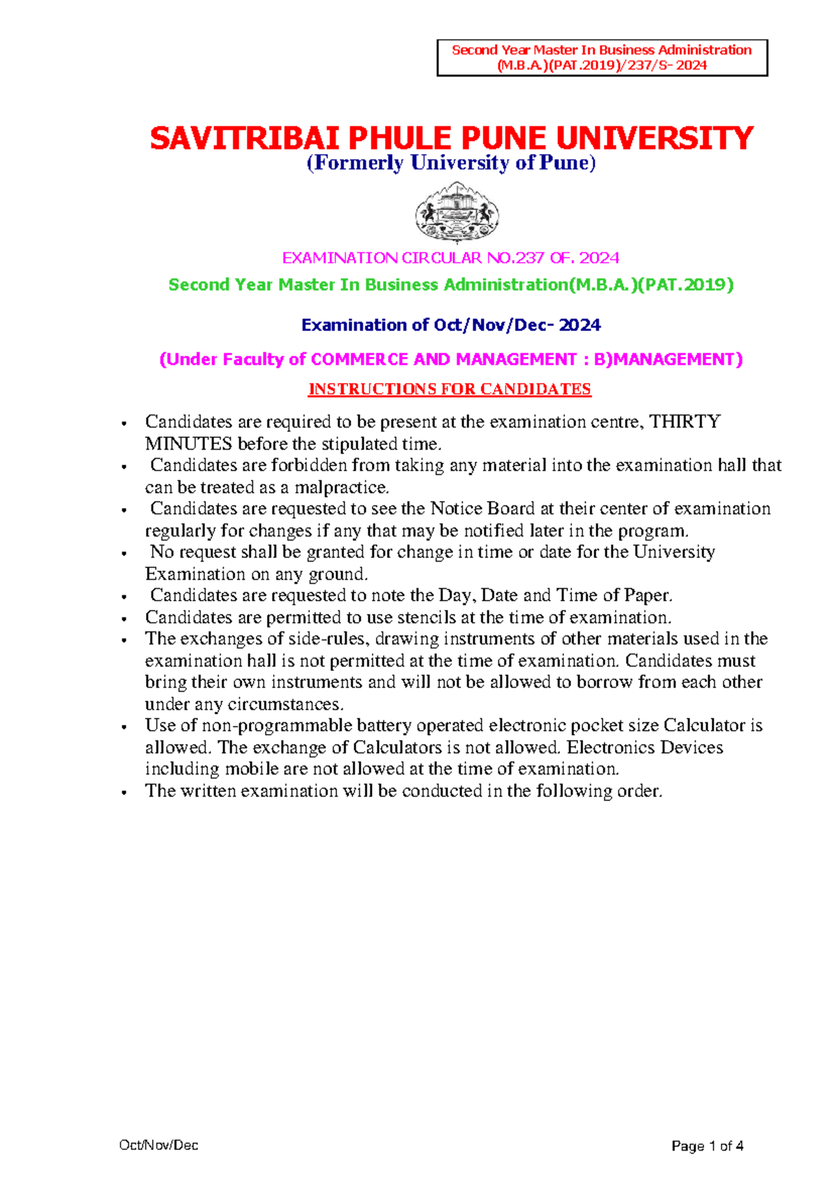MBA (PAT) Semester 3 Exam Timetable for Oct-Dec 2024 - Studocu