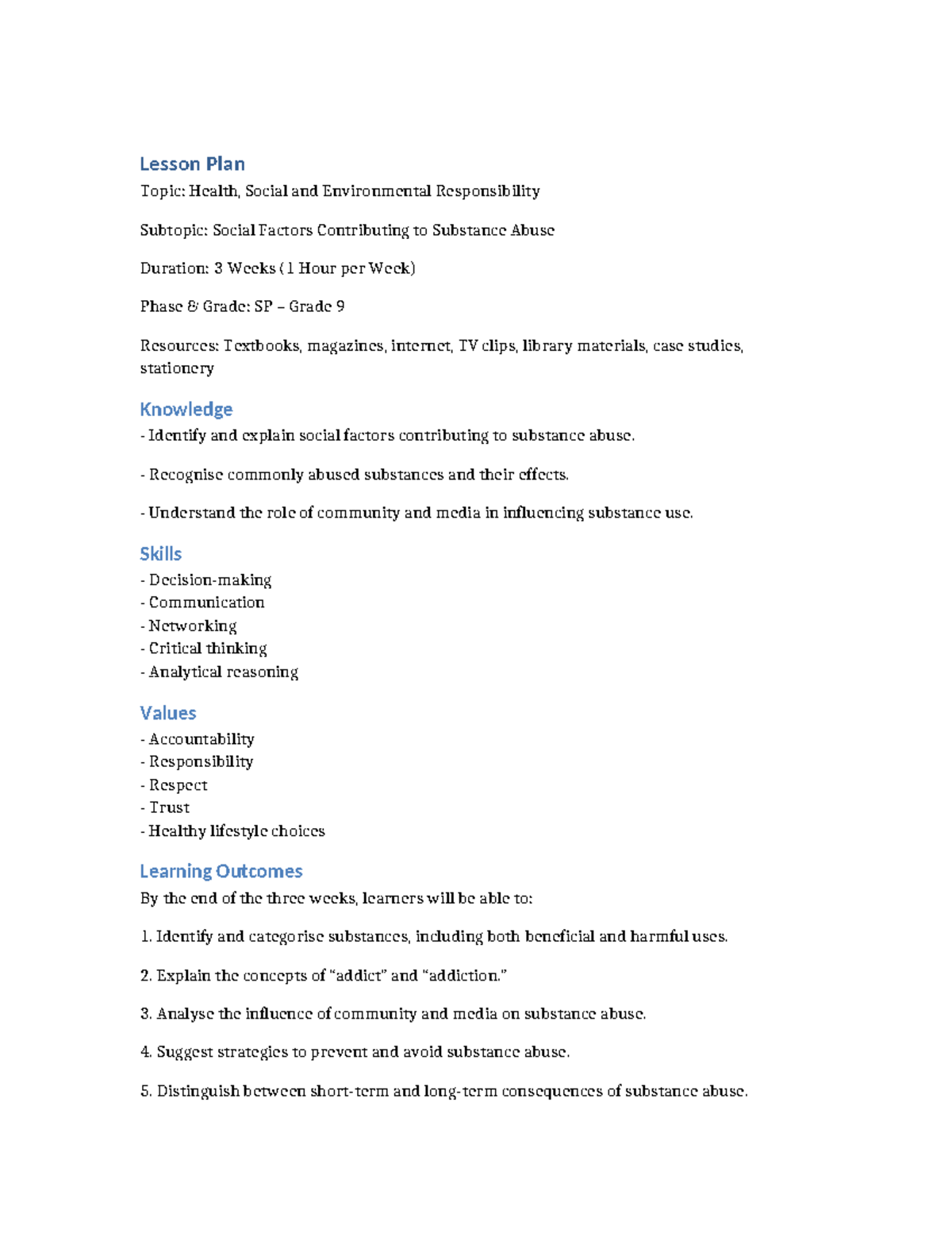 SP Grade 9 Lesson Plan: Social Factors in Substance Abuse - Studocu