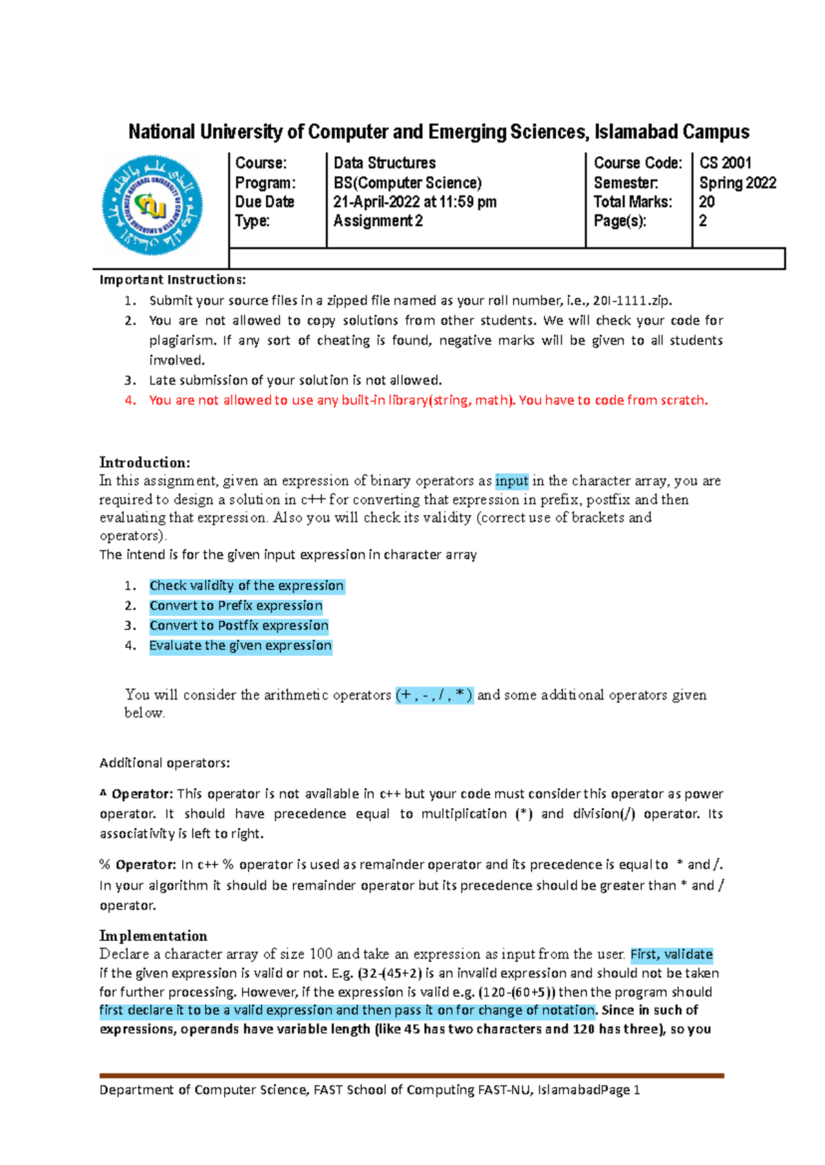 CS 2001 Assignment 2: Expression Conversion & Evaluation - Studocu