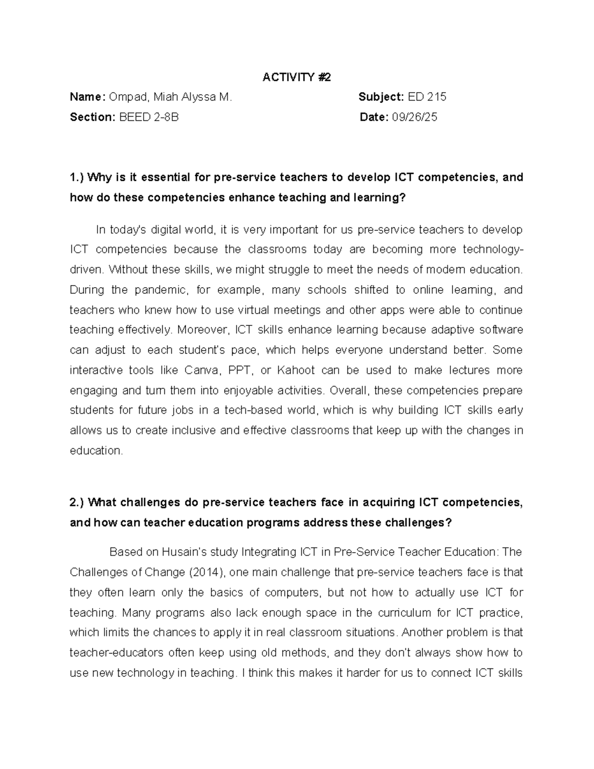 ED 215 Activity #2: ICT Competencies & Digital Literacy in Teaching ...