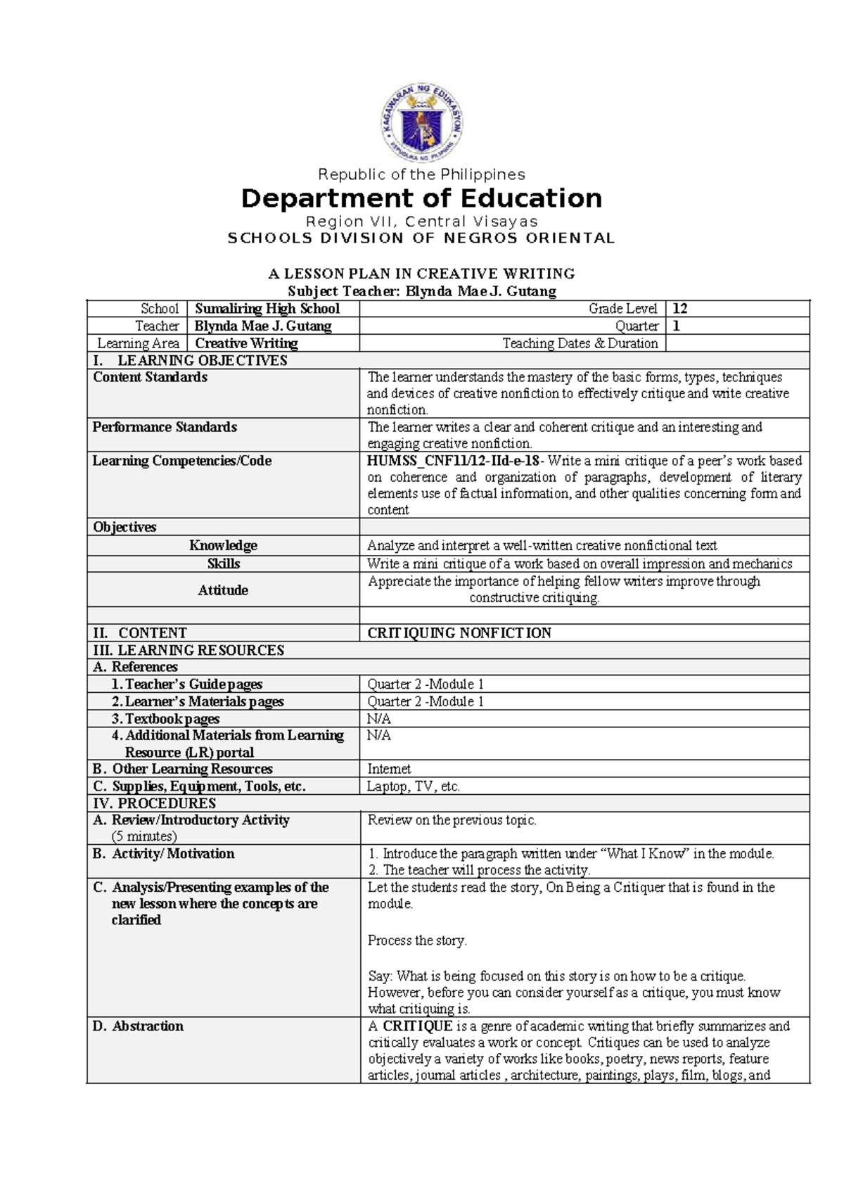 Creative Writing Lesson Plan: Critiquing Nonfiction (S1 Q2 M2) - Studocu