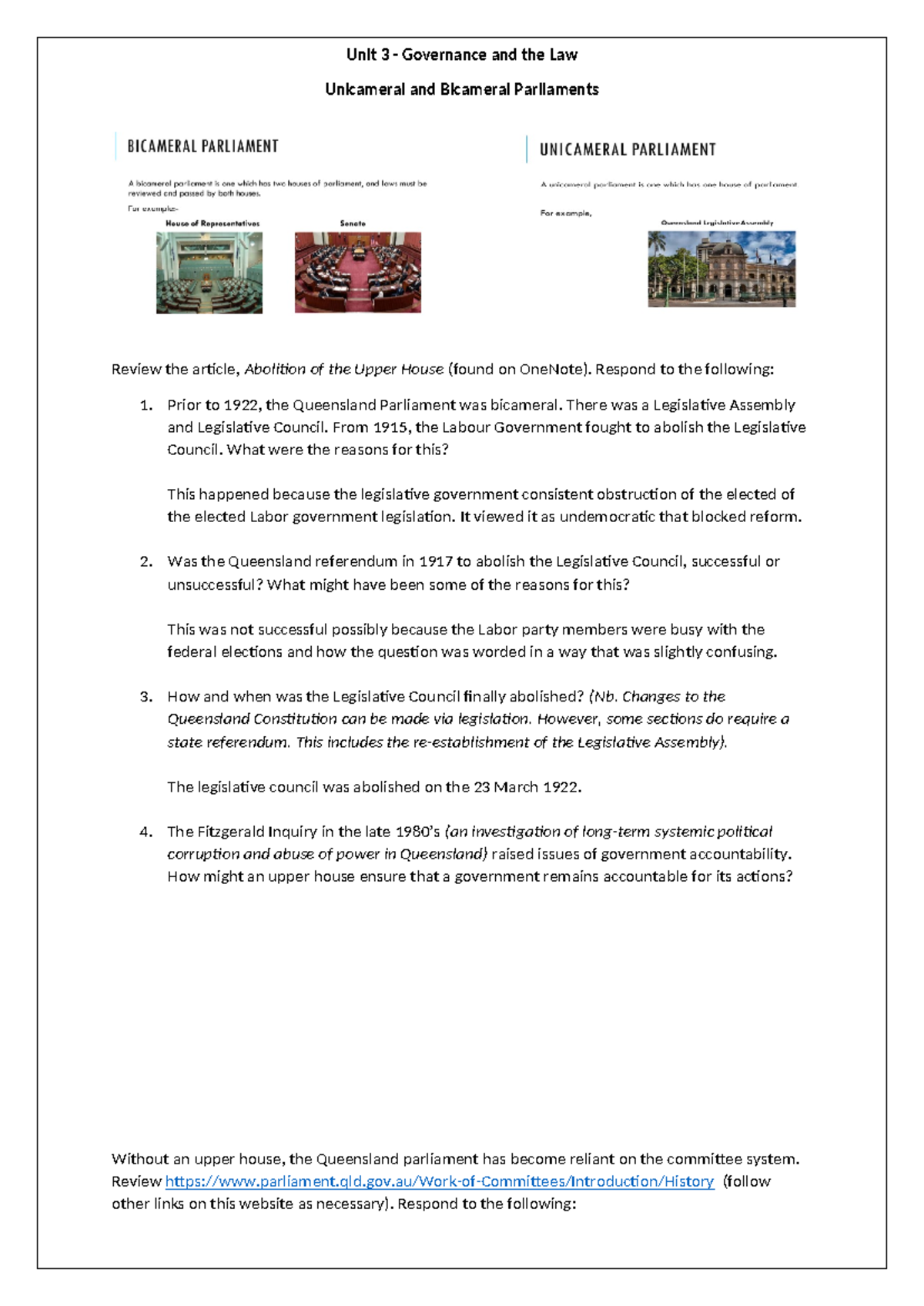 Unit 3: Governance & Law - Unicameral vs Bicameral Parliaments Review ...