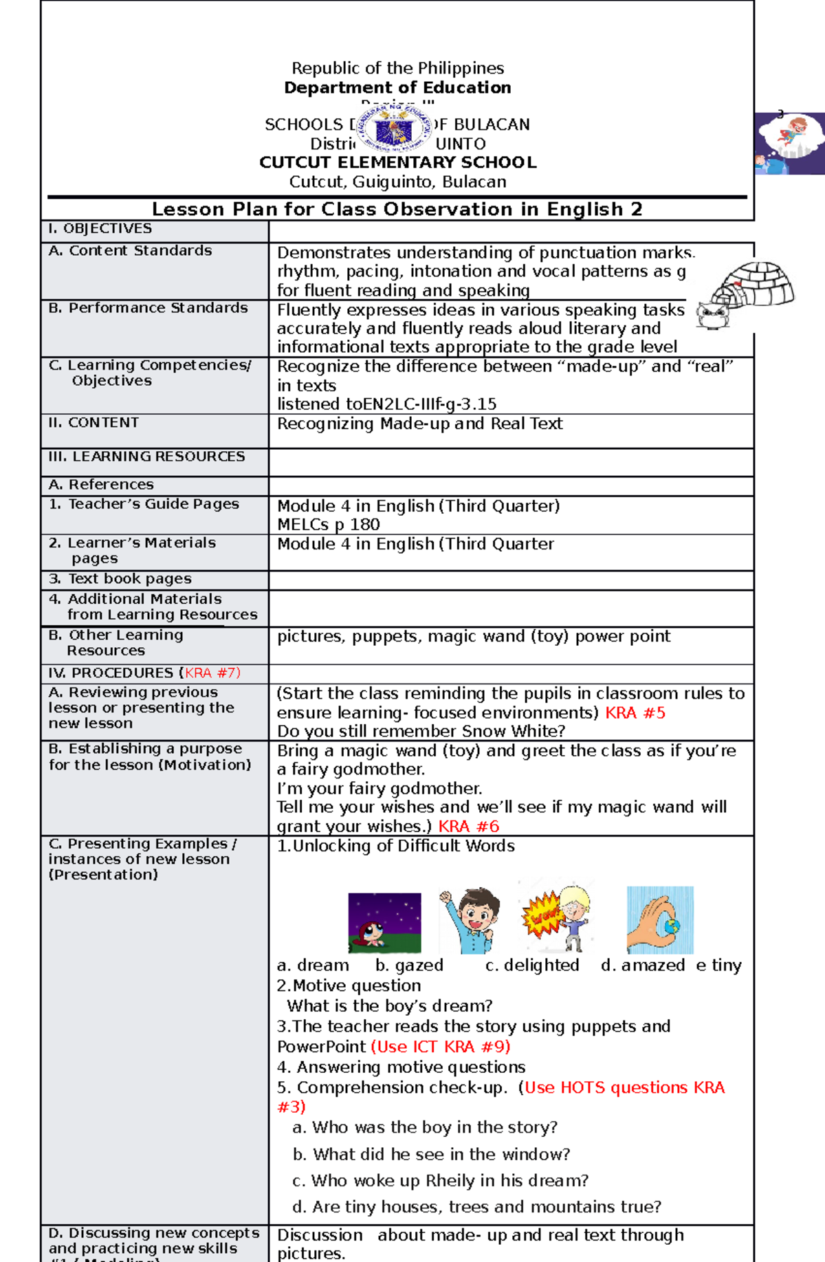 COT LP in English Quarter 3 module 4 - Republic of the Philippines Department of Education ...