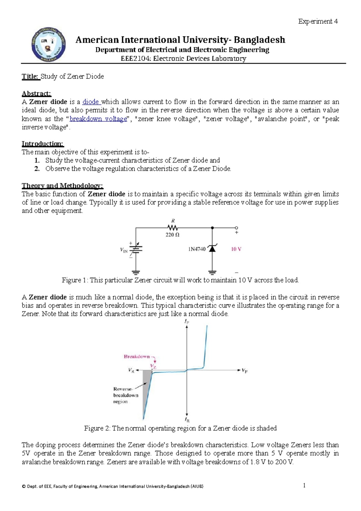 EEE2104 Experiment 4 Lab Report: Characteristics of Zener Diode - Studocu