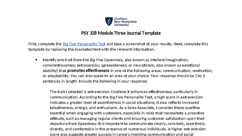 PSY 328 Big Five Personality Test Reflection Journal - Studocu