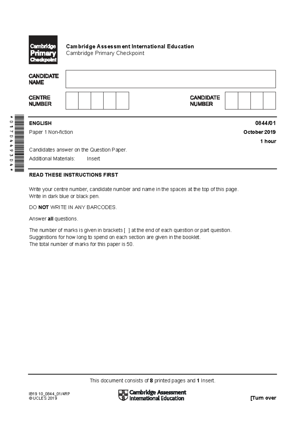 Cambridge Primary Checkpoint ENGLISH P1 Questions - Oct 2019 - Studocu