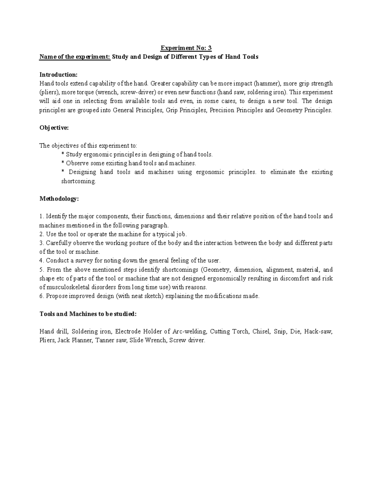 IPE 408: Study & Design of Ergonomic Hand Tools - Experiment 3 - Studocu