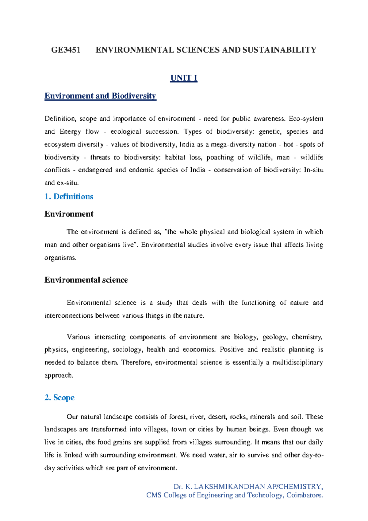 GE3451 ENVIRONMENTAL SCIENCES AND SUSTAINABILITY: Unit I Notes on ...