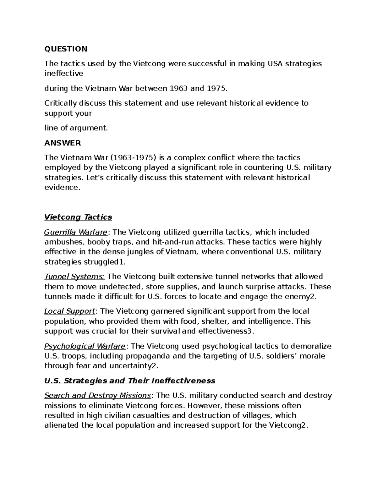 Vietnam War (1963-1975) - Vietcong Tactics vs. USA Strategies - Studocu