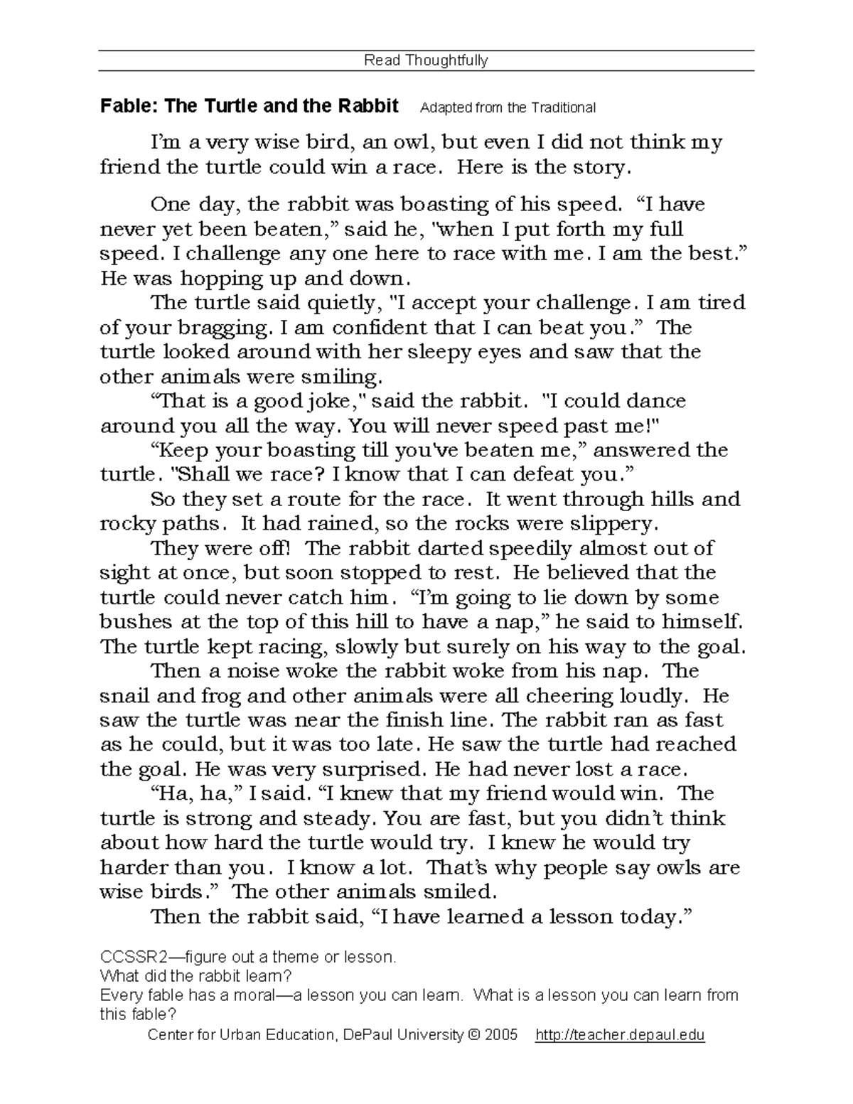 Fable Analysis: The Tortoise and the Hare - Lesson Insights (CUE 2005 ...