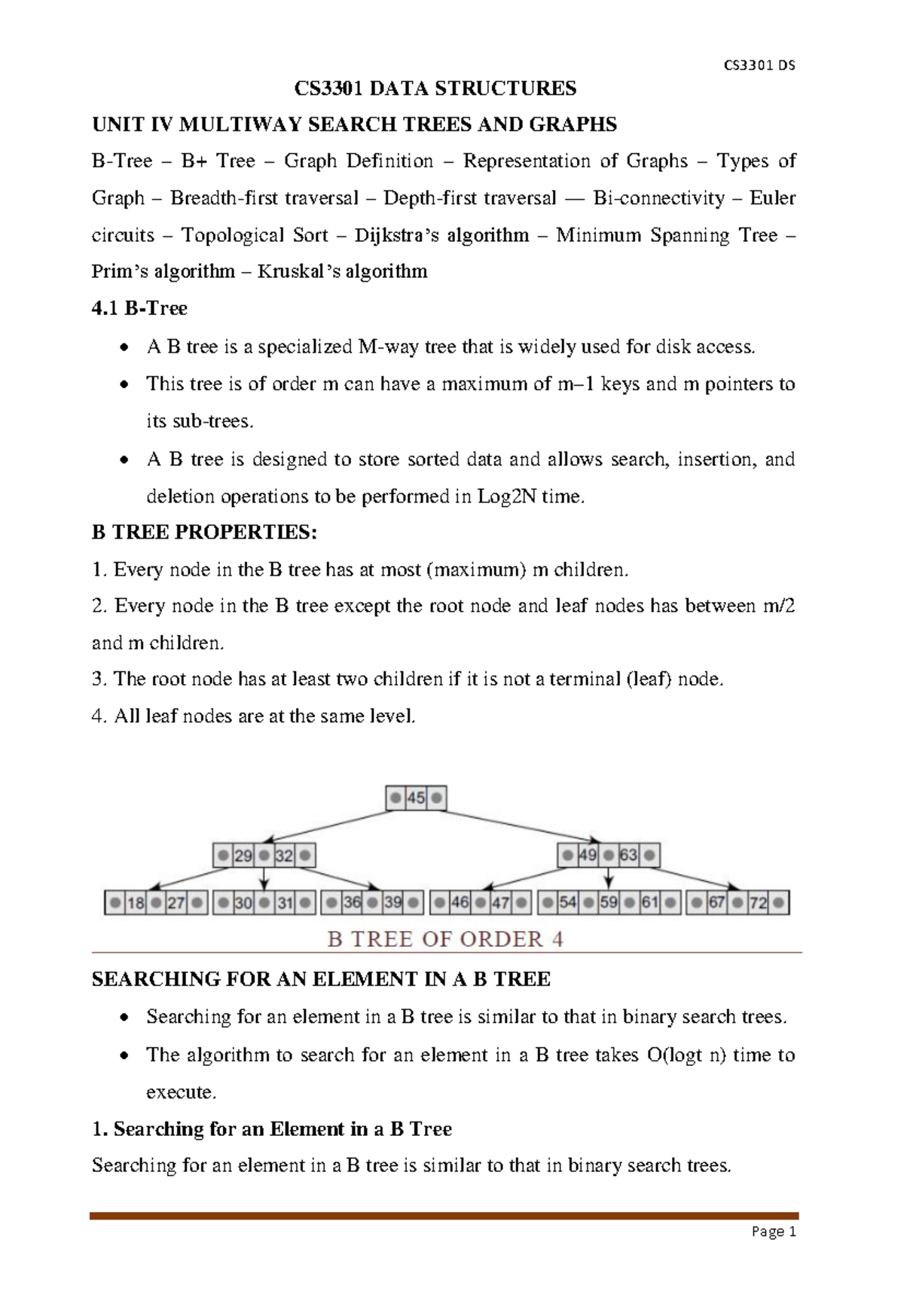CS3301 DS UNIT IV: Multiway Search Trees & Graphs Overview - Studocu