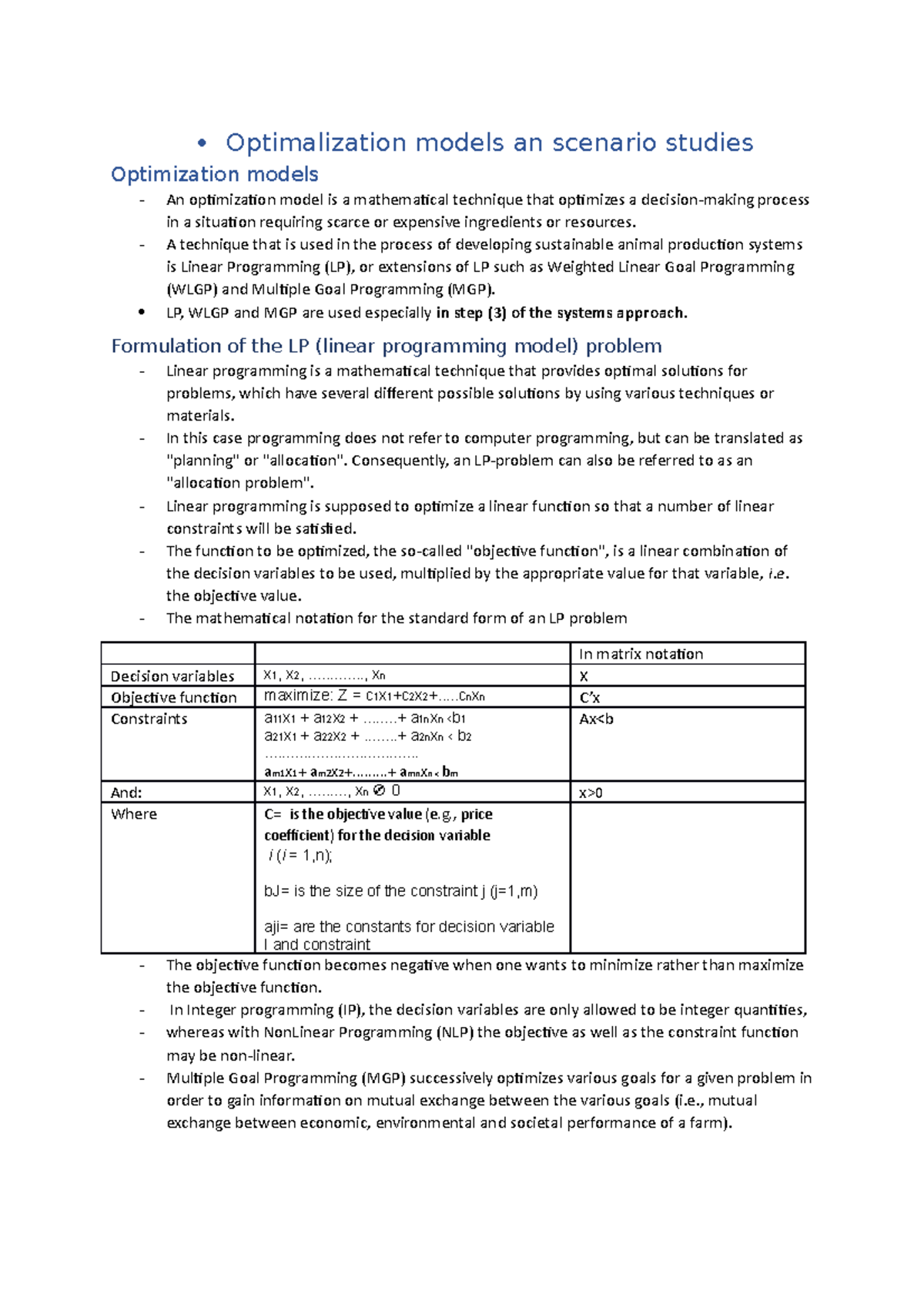 Optimalization Models & Scenario Studies - Overview Hoofdstuk 4 ...