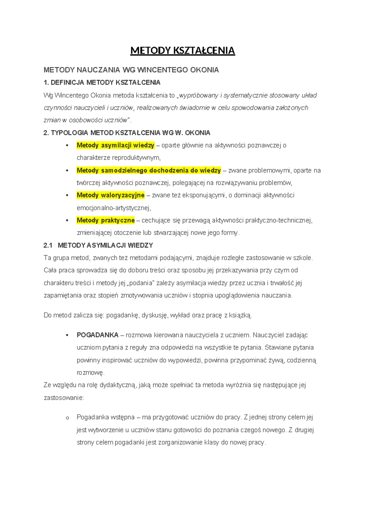 Metody Kształcenia wg Wincentego Okonia i Czesława Kupisiewicza - Studocu