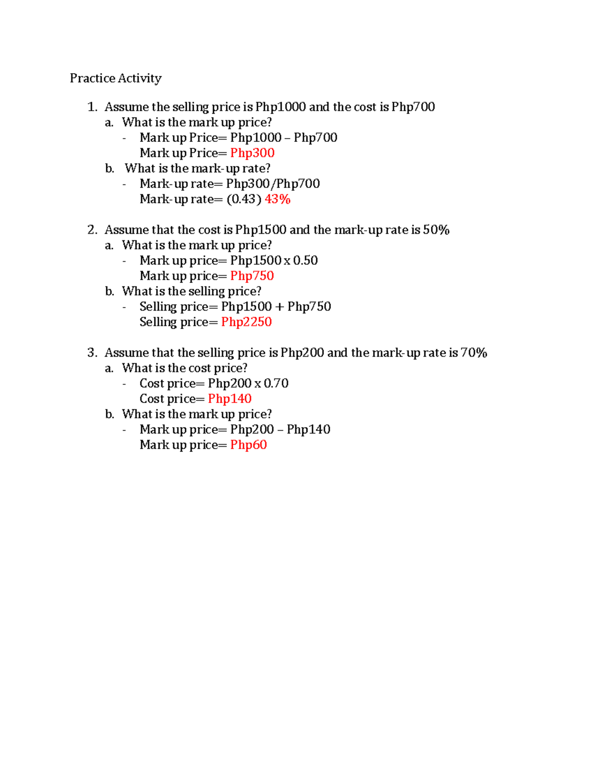 Markup - Practice Activity 1. Assume the selling price is Php1000 and ...