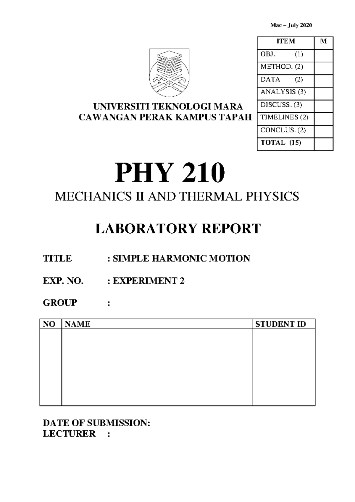 Lab Report PHY210: Experiment 2 on Simple Harmonic Motion - Studocu