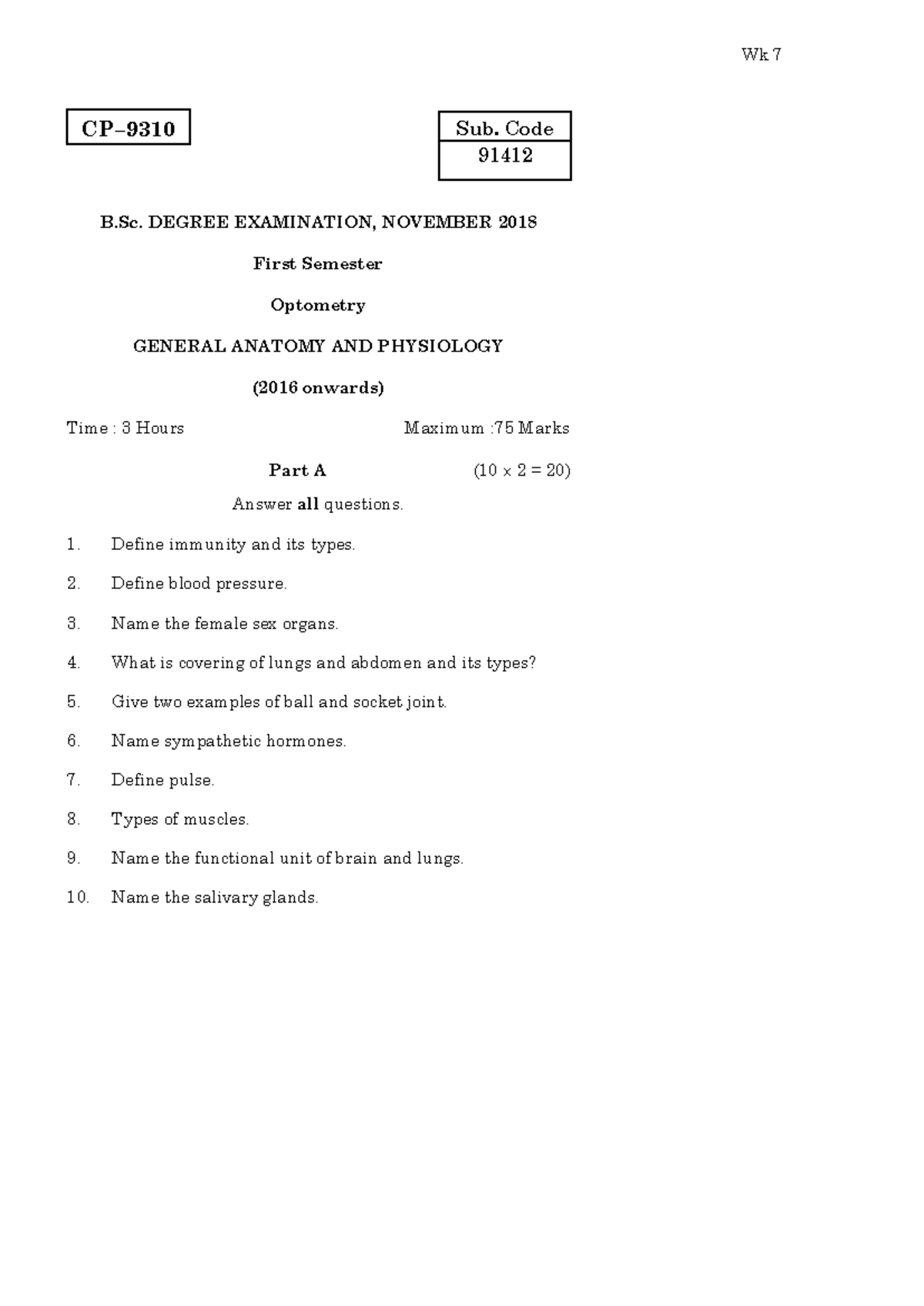 B.Sc. Optometry 1st Year General Anatomy & Physiology Exam Nov 2018 ...