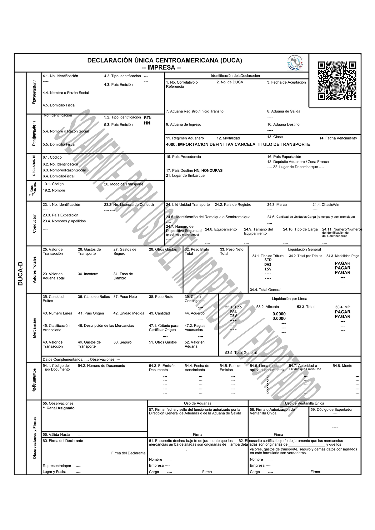 Formato DUCA 0: Declaración Única Centroamericana para Importación ...