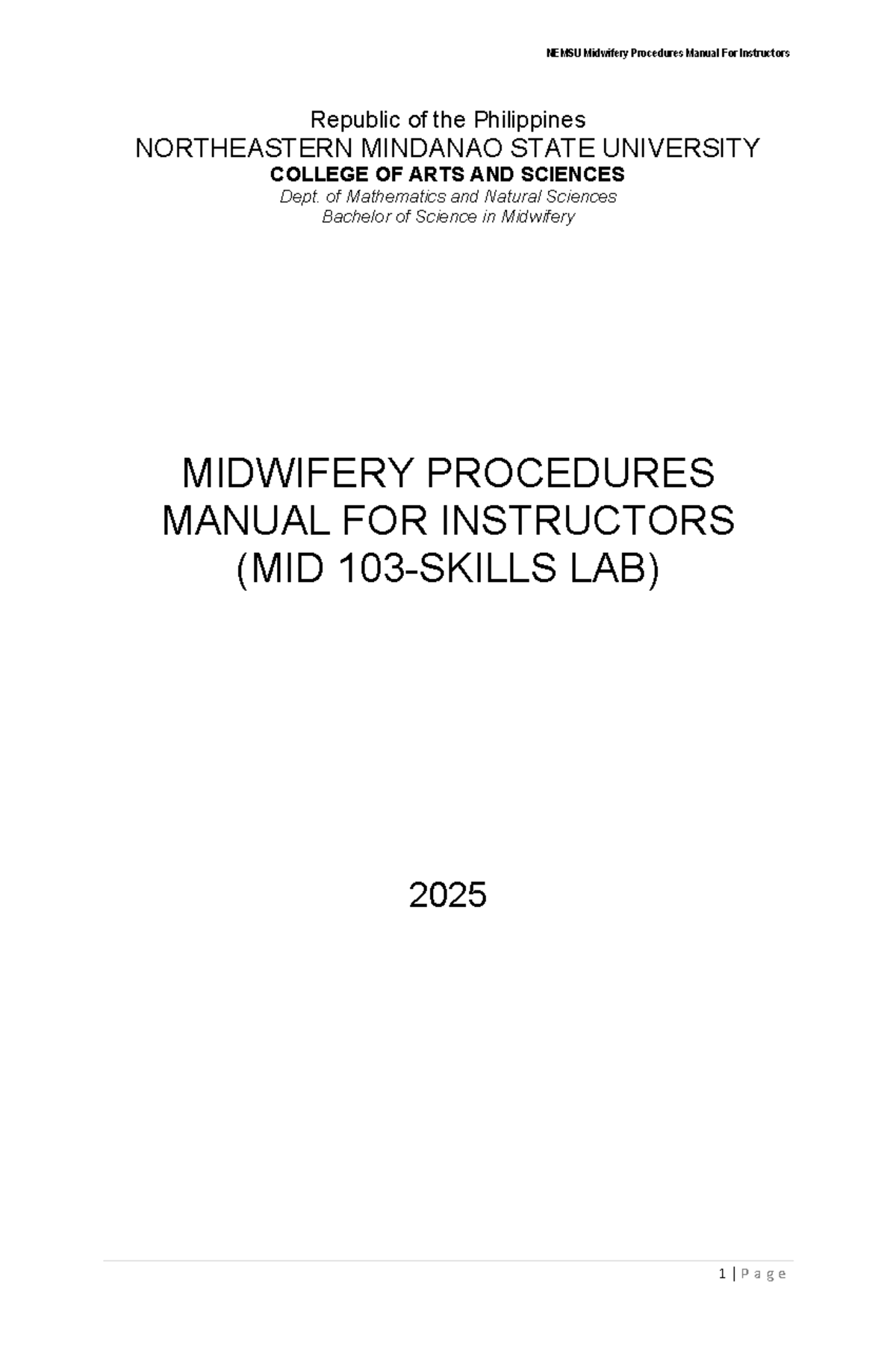 NEMSU Midwifery Procedures Manual for Instructors (MID LAB) 2025 - Studocu