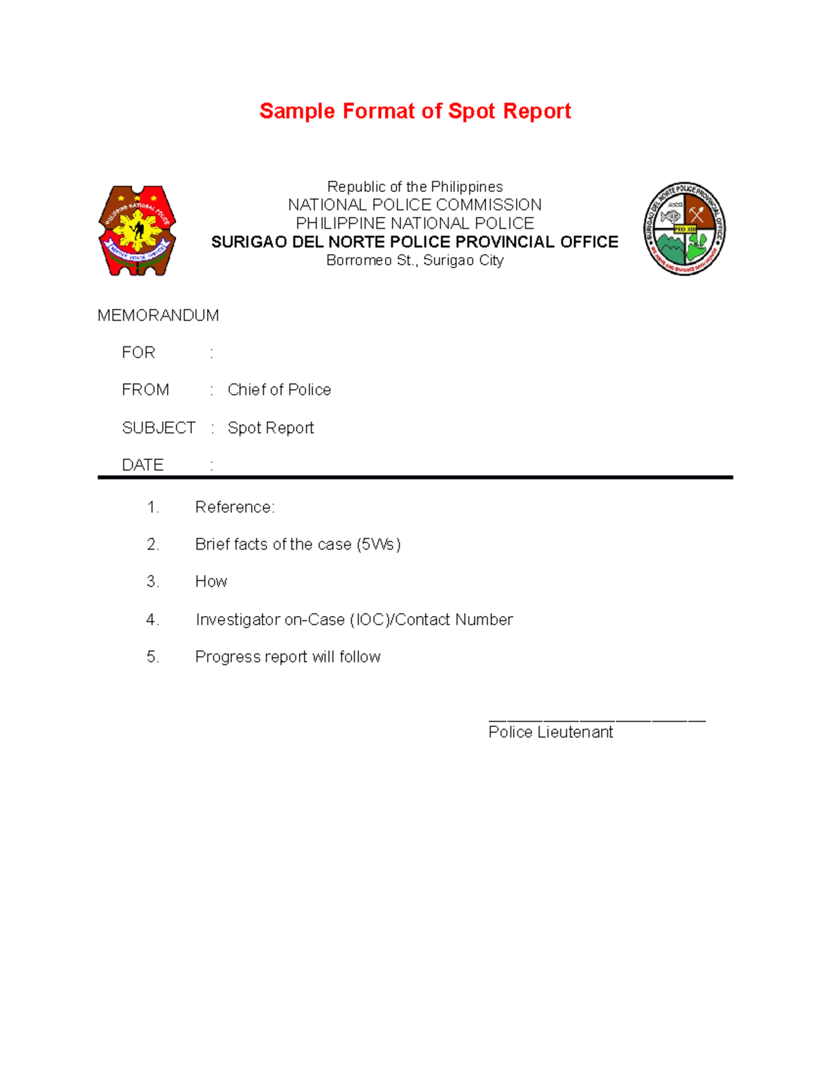 Sample Format of Spot Report on Stabbing Incident (PNP) - Studocu