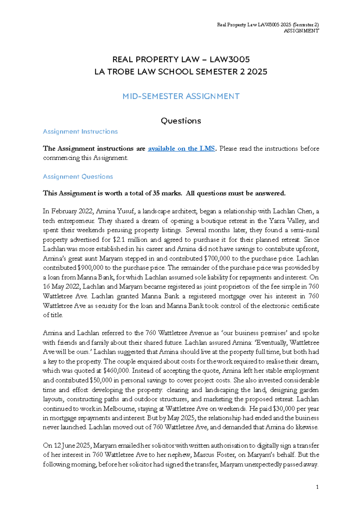 Final Assignment Questions for Real Property Law LAW3005 2025 - Studocu