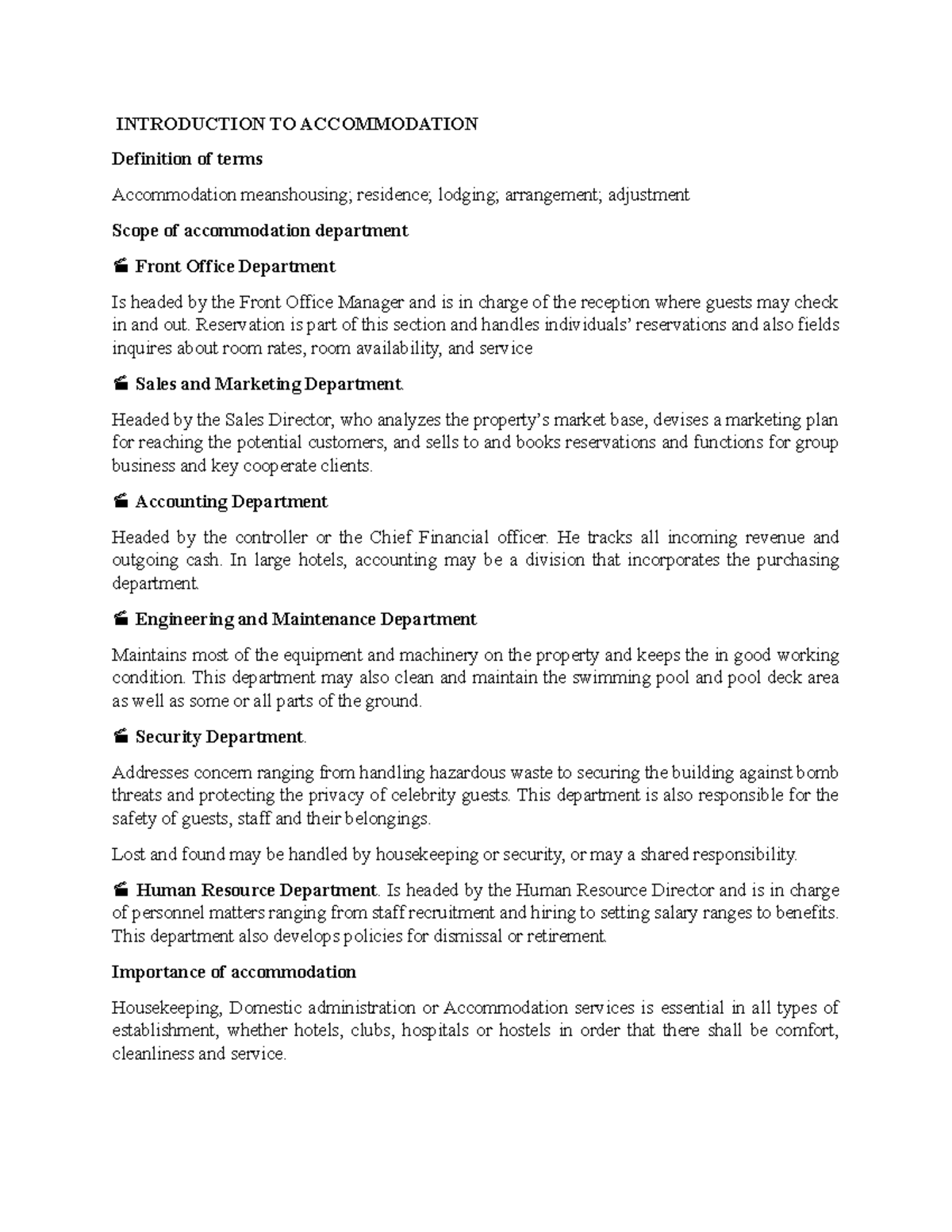 Accommodation MGT Lecture Notes on Housekeeping & Supervision - Studocu