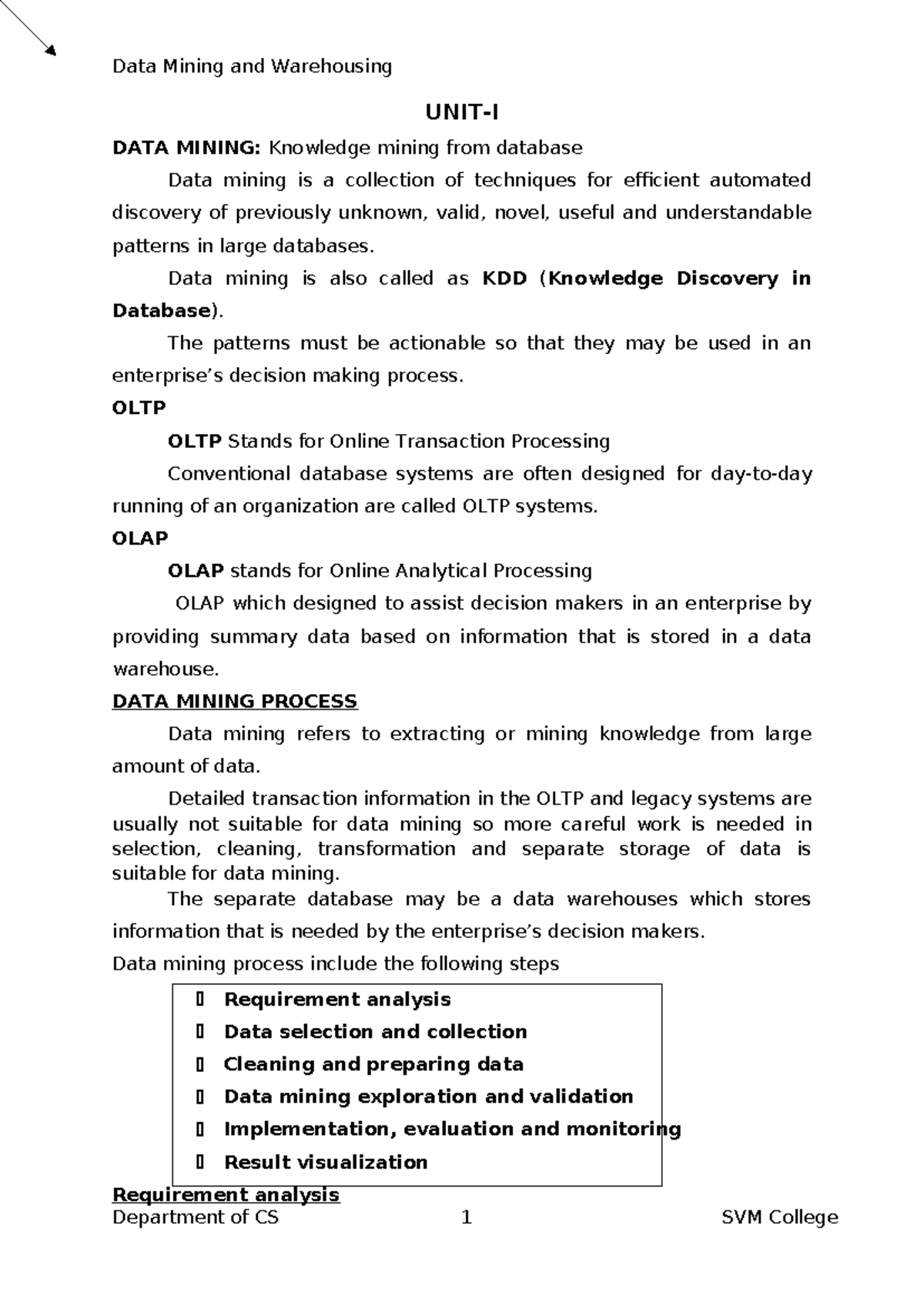 DATA MINING AND WAREHOUSING: Techniques and Applications - Studocu