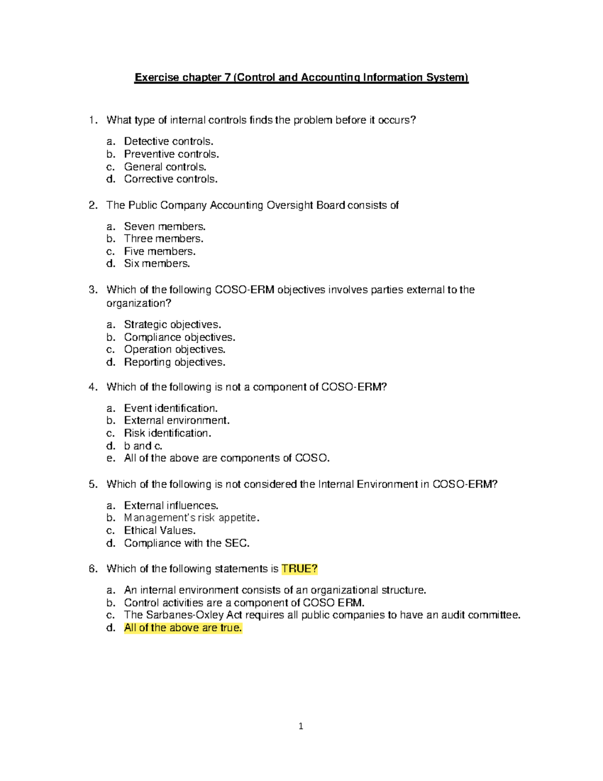 Exercise - Control and accounting information system - 1 Exercise ...