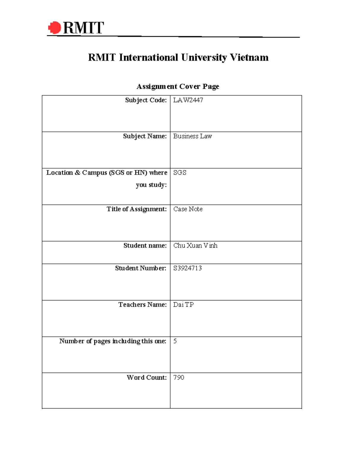 Case Note Analysis for LAW2447: Business Law Assignment by Chu Xuan ...