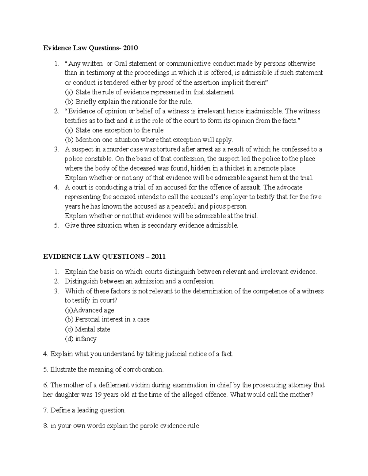 Law of Evidence Questions 2010-2016: Comprehensive Study Guide - Studocu