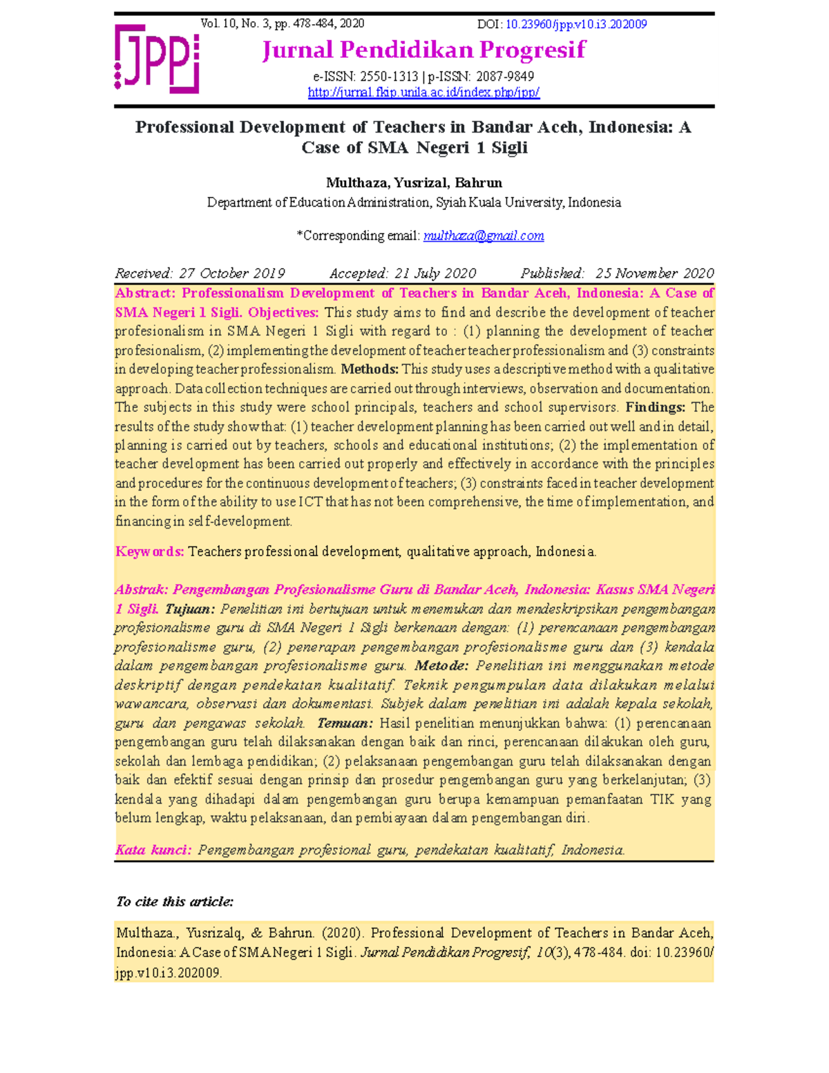 Development of Teachers' Professionalism: A Case Study of SMA Negeri 1 ...