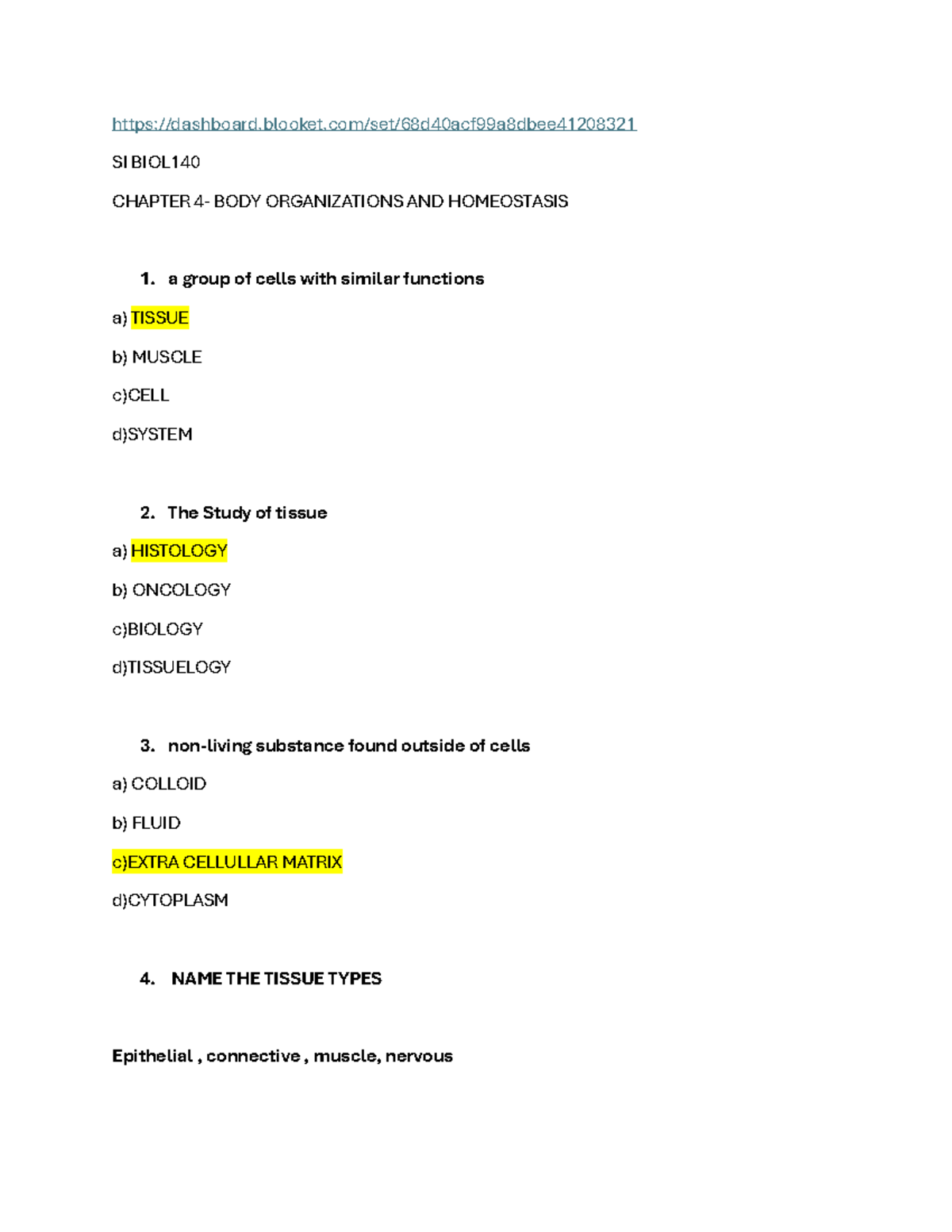 BIOL140 Chapter 4: Body Organizations & Homeostasis Review Questions ...