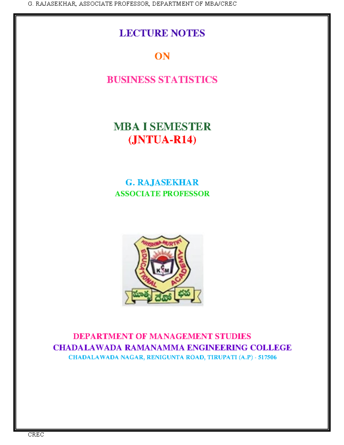 MBA I Sem: Lecture Notes on Business Statistics (JNTUA-R14) - Studocu