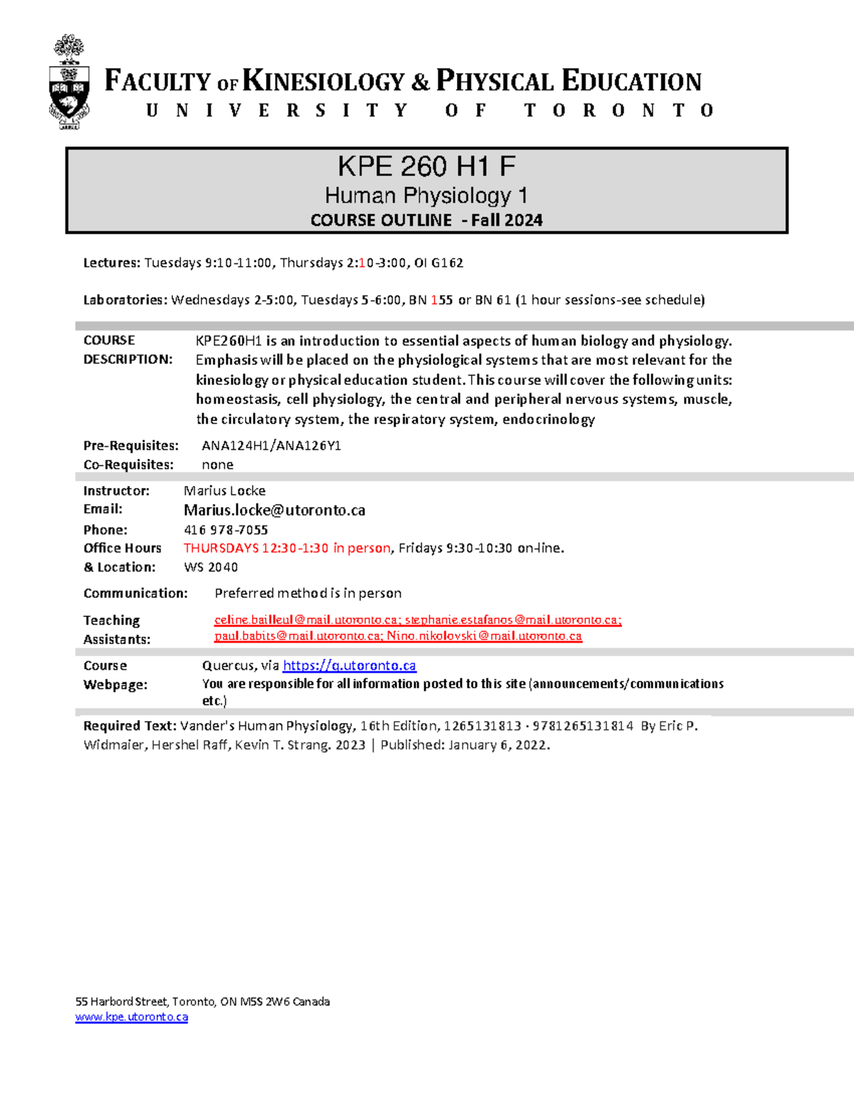 KPE 260 H1 Fall 2024 Human Physiology 1 Course Outline - Studocu