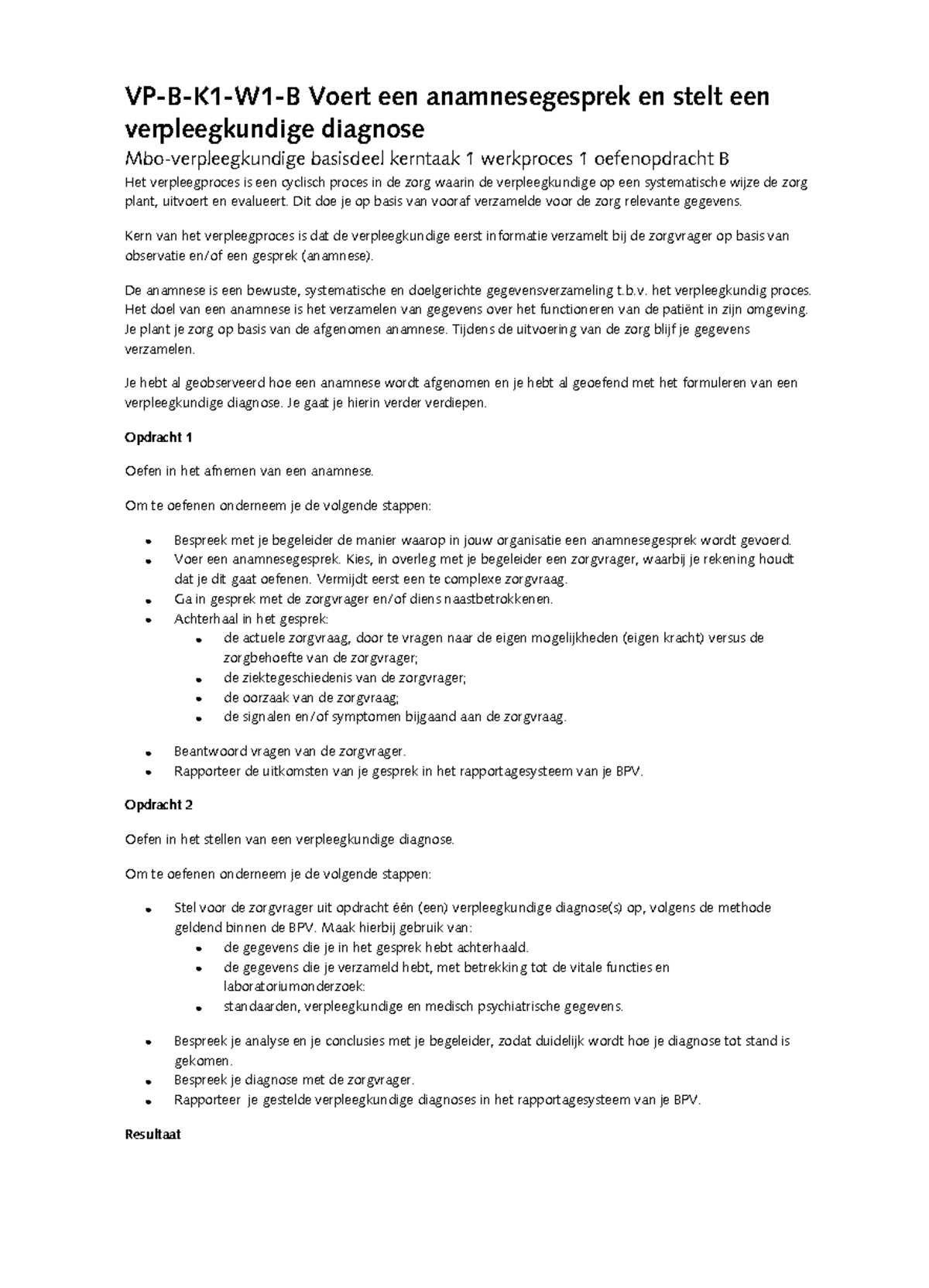 VP-B-K1-W1-B Anamnesegesprek en Verpleegkundige Diagnoses Oefenen ...