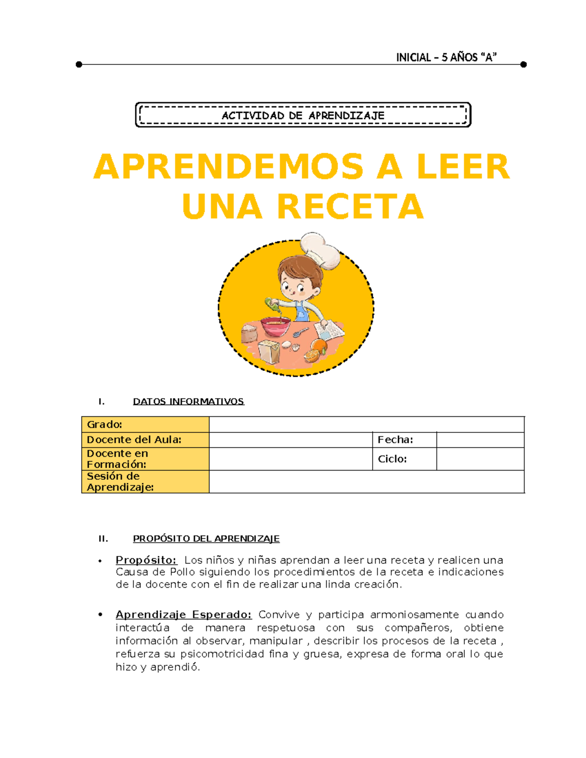 Sesión DE Inicial - Aprende a Leer y Cocinar una Receta - Studocu