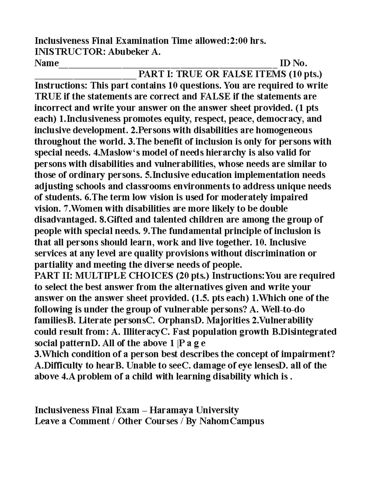 Inclusive Final Exam – Haramaya University: Equity in Education - Studocu